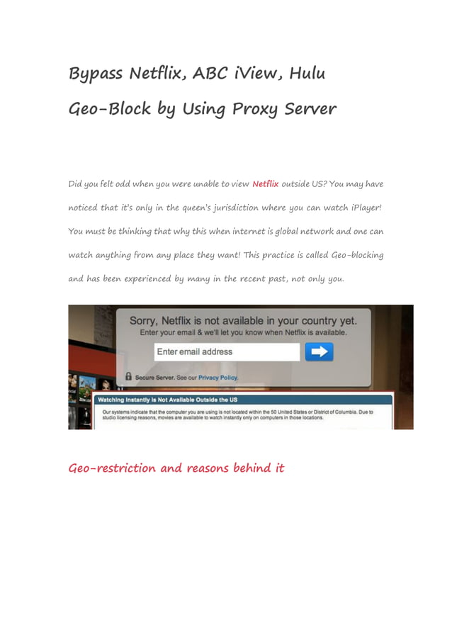 Bypass netflix, abc i view, hulu geo block by using proxy server | PDF