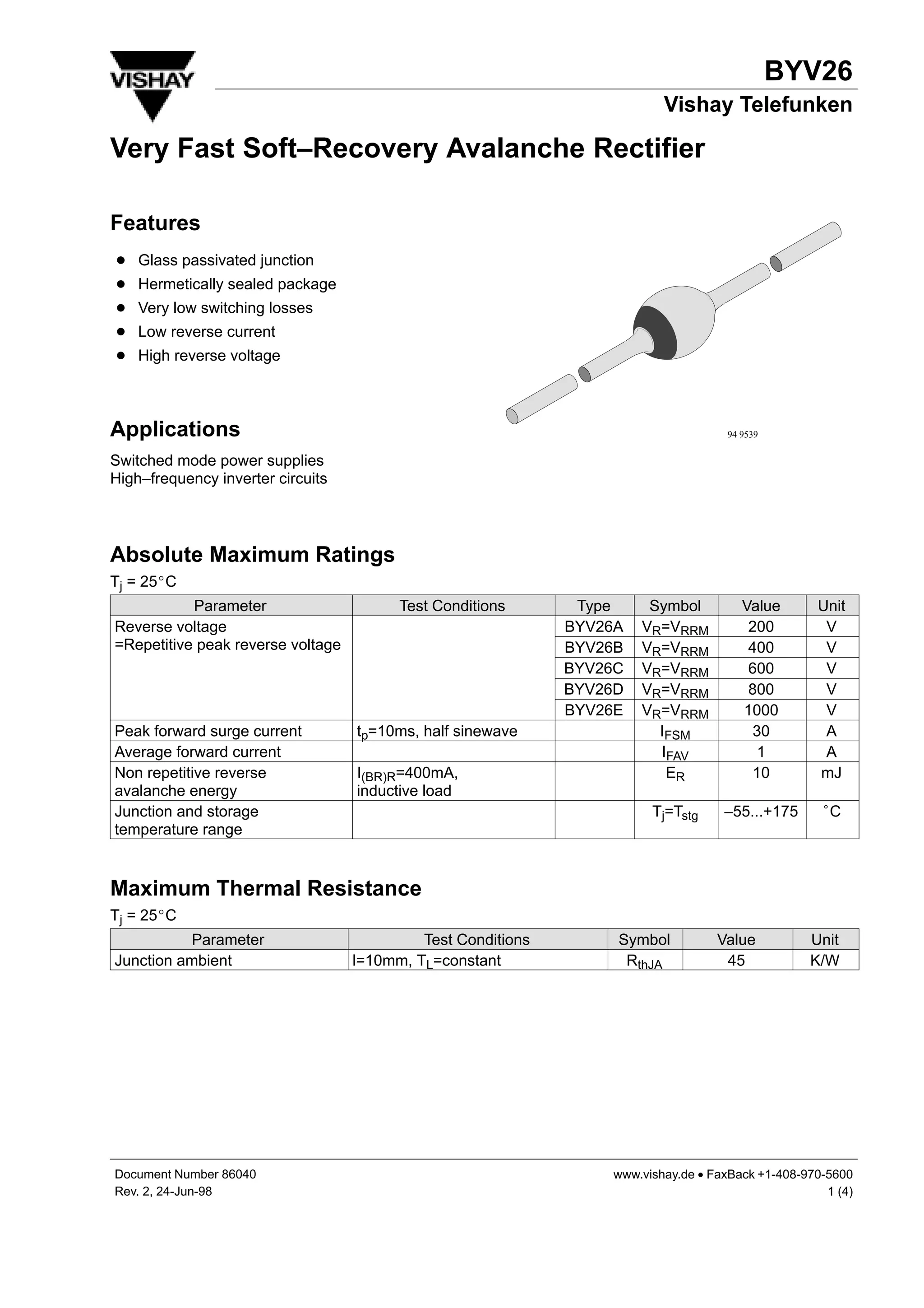 Original Diode & Rectifier IC BYV26 V26 26 New Vishay Semiconductors | PDF