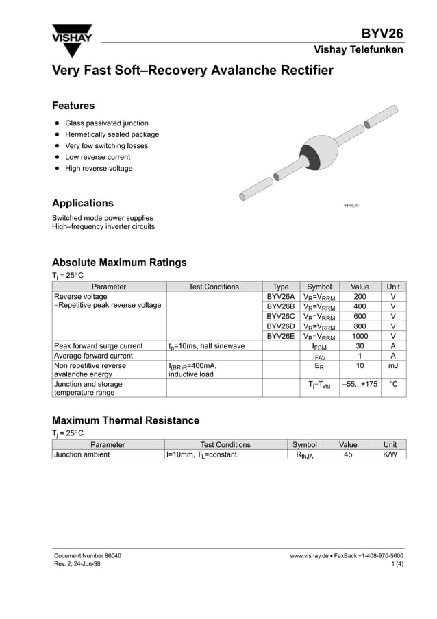 Original Diode & Rectifier IC BYV26 V26 26 New Vishay Semiconductors | PDF