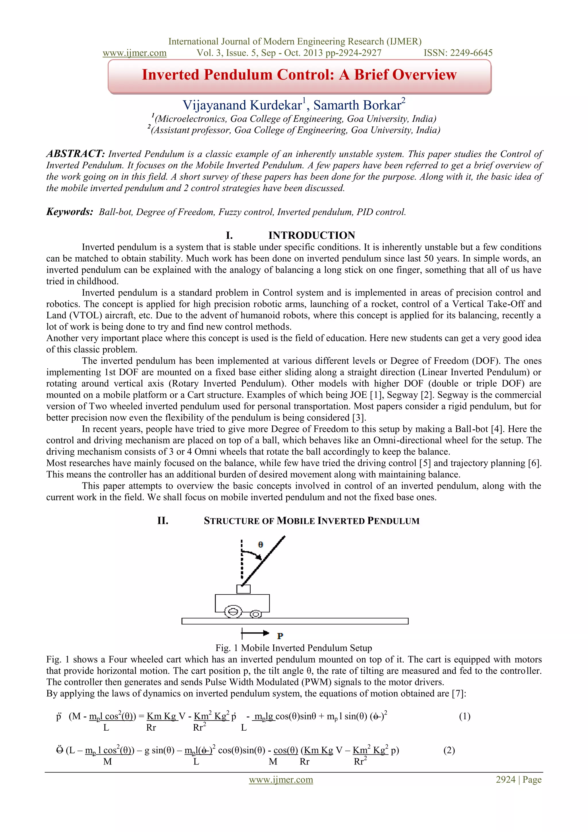 Inverted Pendulum Control: A Brief Overview | PDF