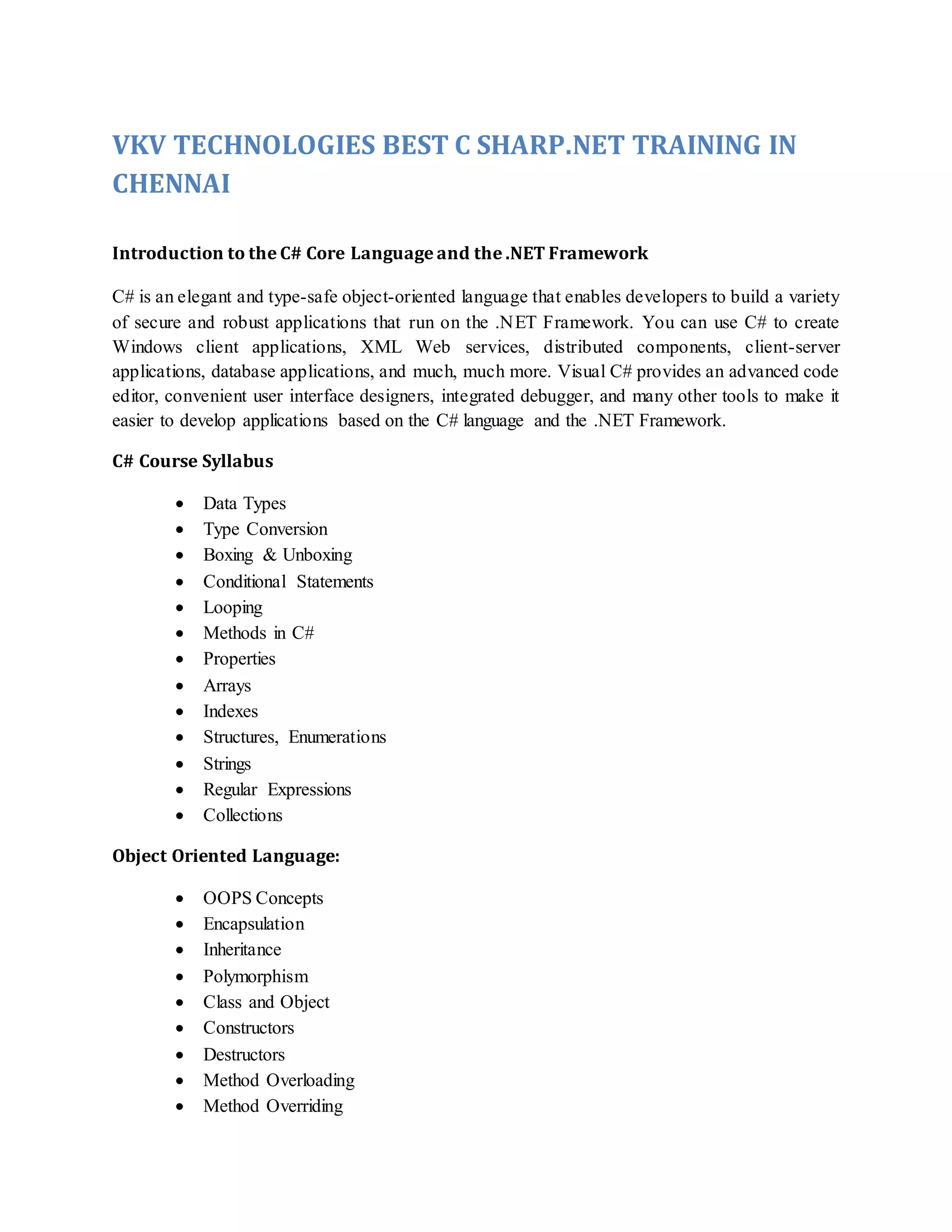 VKV TECHNOLOGIES BEST C SHARP.NET TRAINING IN CHENNAI | PDF