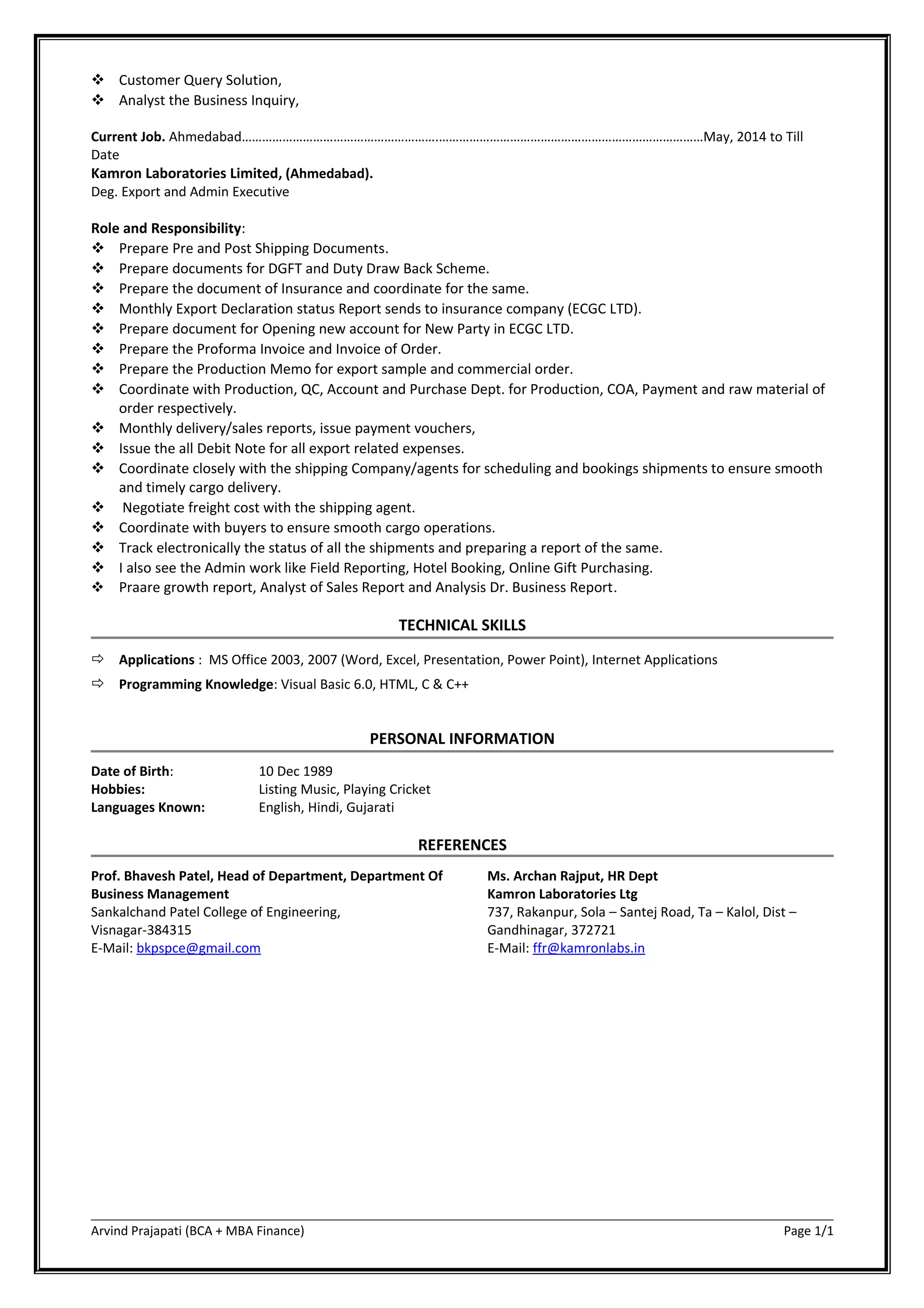 C.v arvind prajapati | PDF