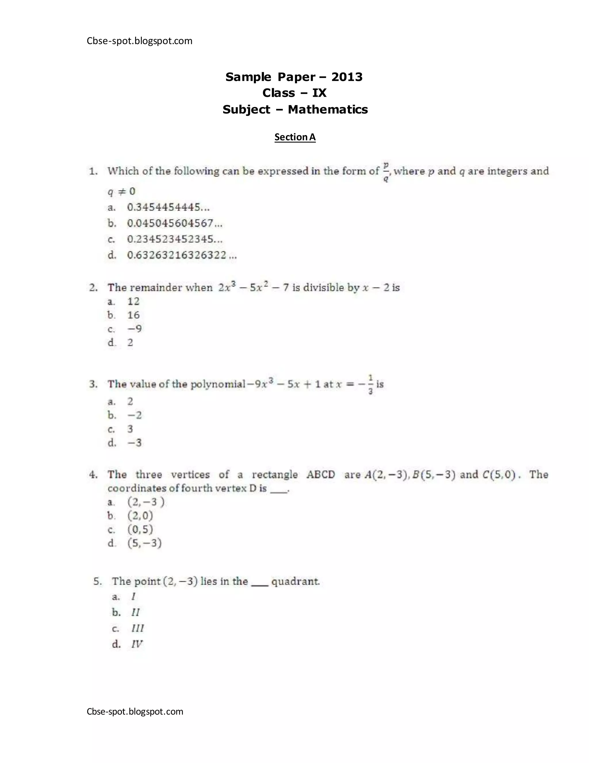maths sample paper class 9 SA2 | DOCX