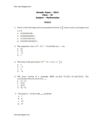 maths sample paper class 9 SA2 | DOCX