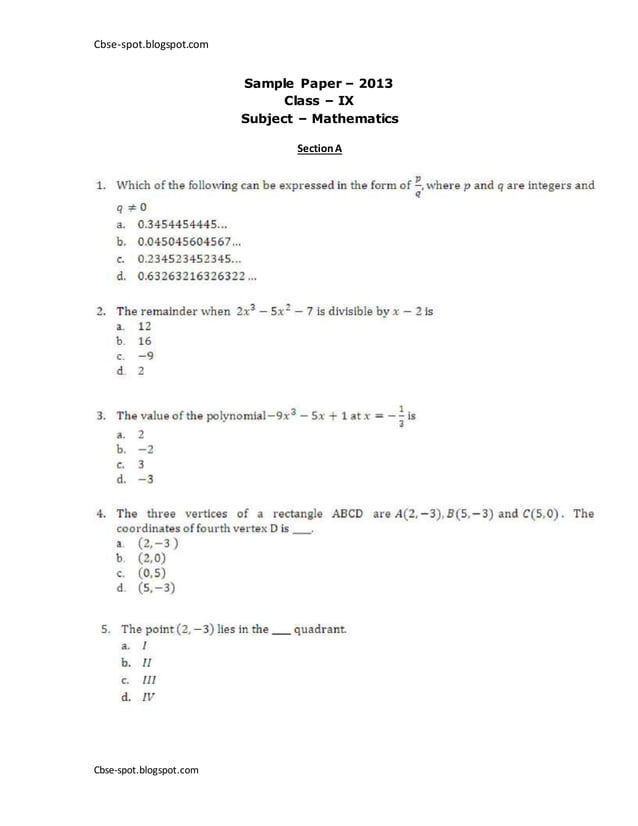maths sample paper class 9 SA2 | PDF