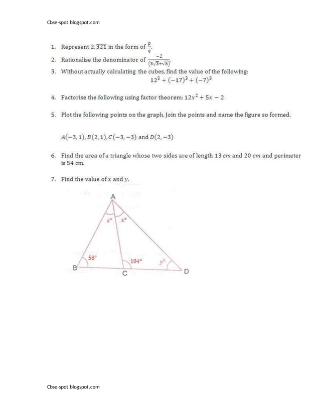 maths sample paper class 9 SA2 | PDF