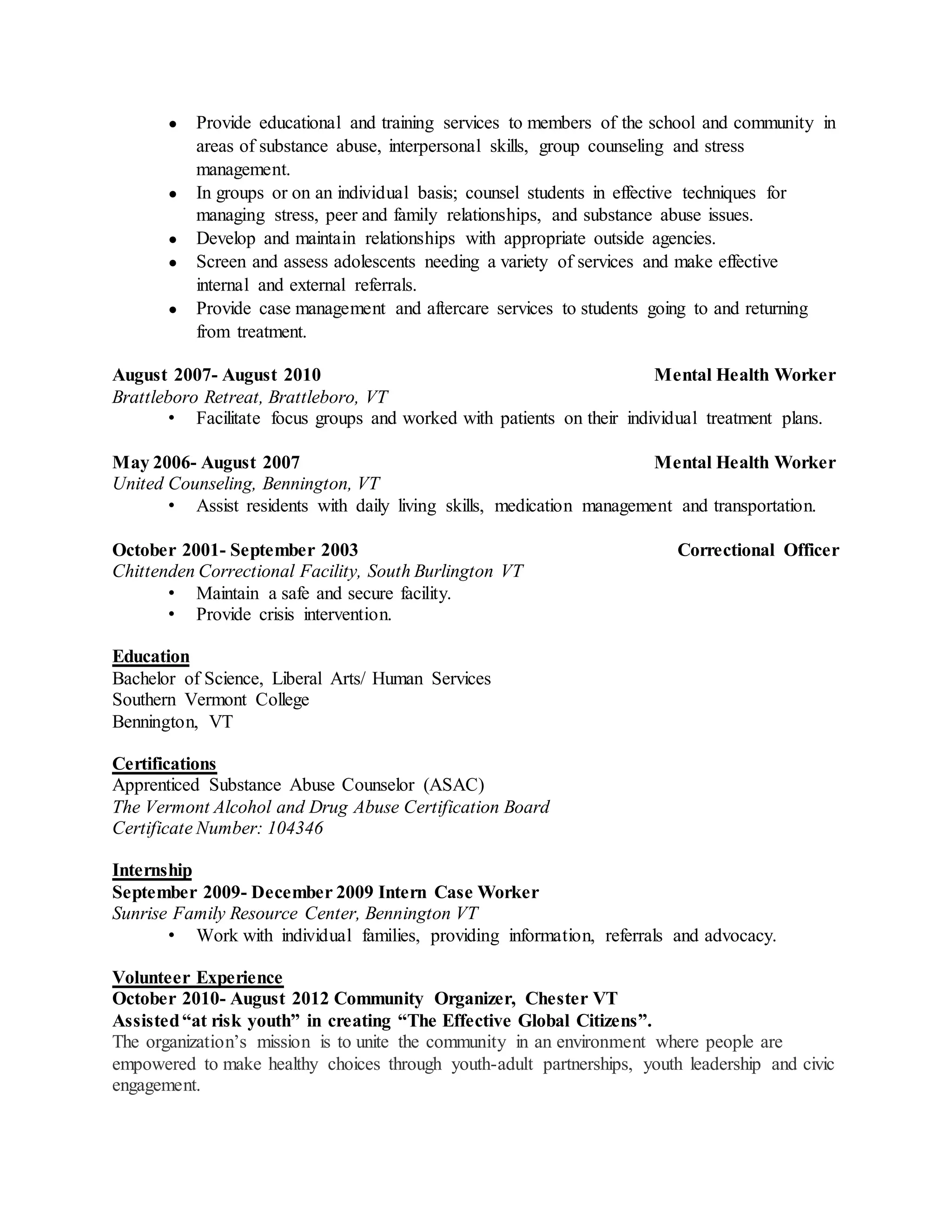 Resume | DOCX | Substance Abuse | Diseases and Conditions