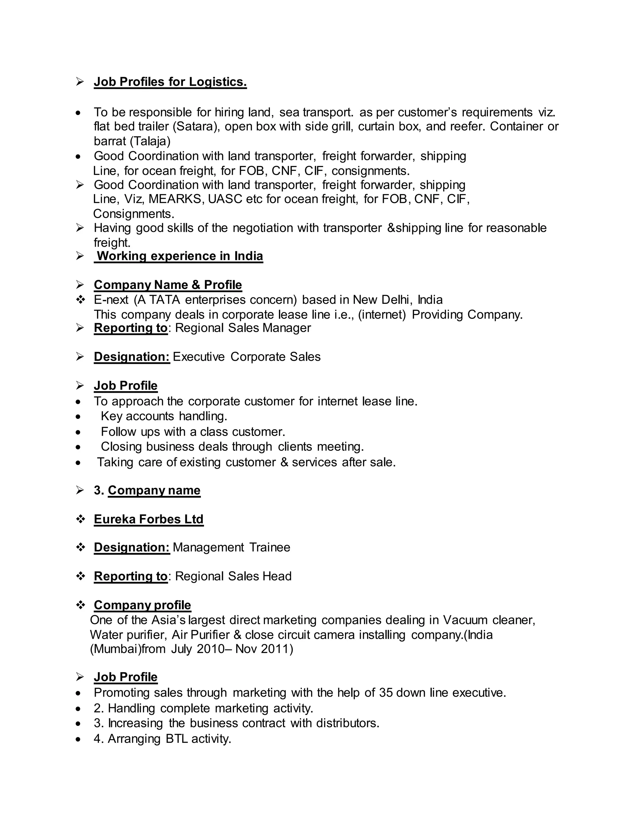 C.V for logistics & export executive | PDF