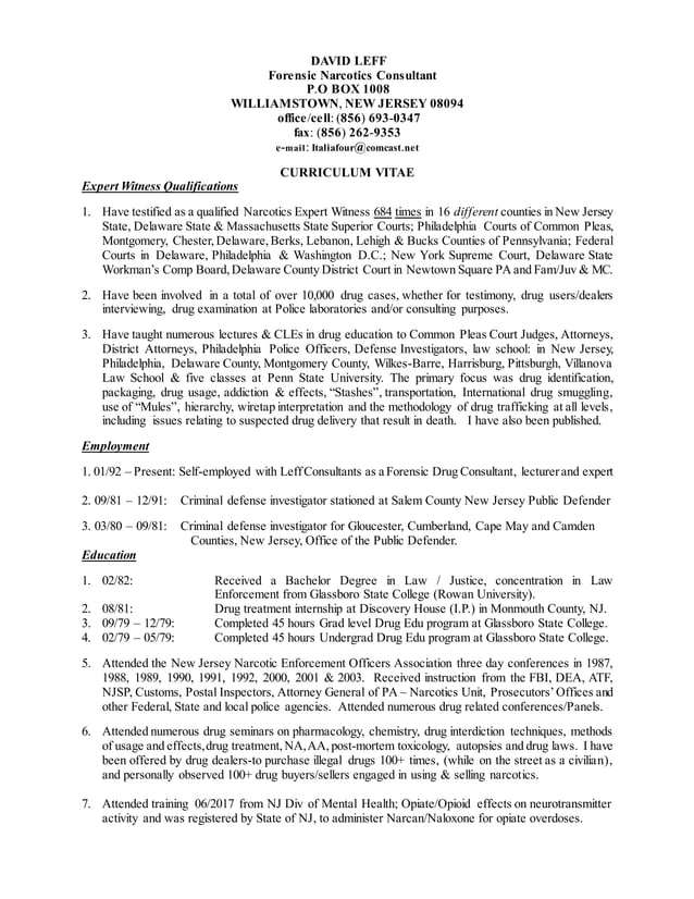 C.V. Forensic Narcotics Expert Witness-David Leff | PDF