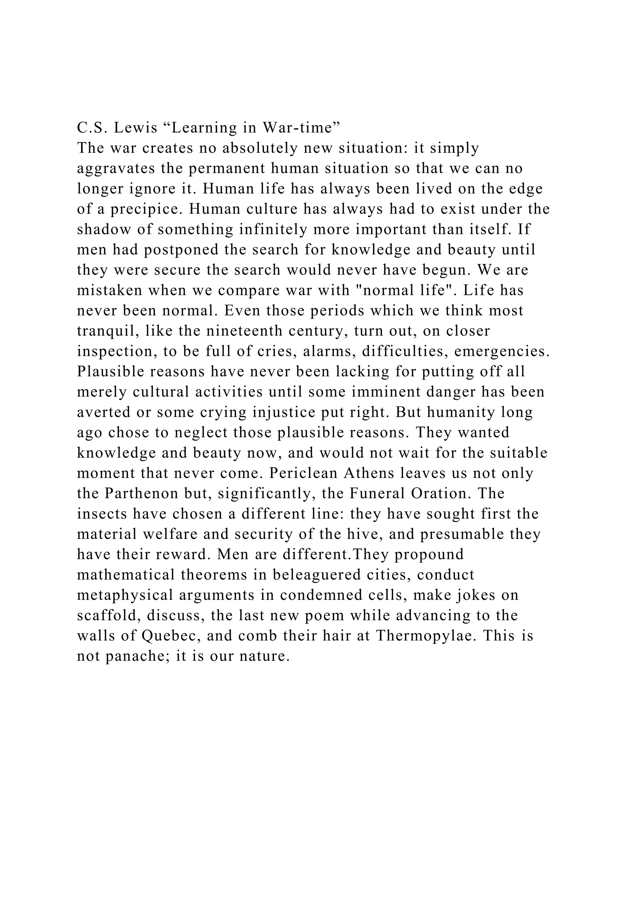 C.S. Lewis Learning in War-time” The war creates no absolutely .docx