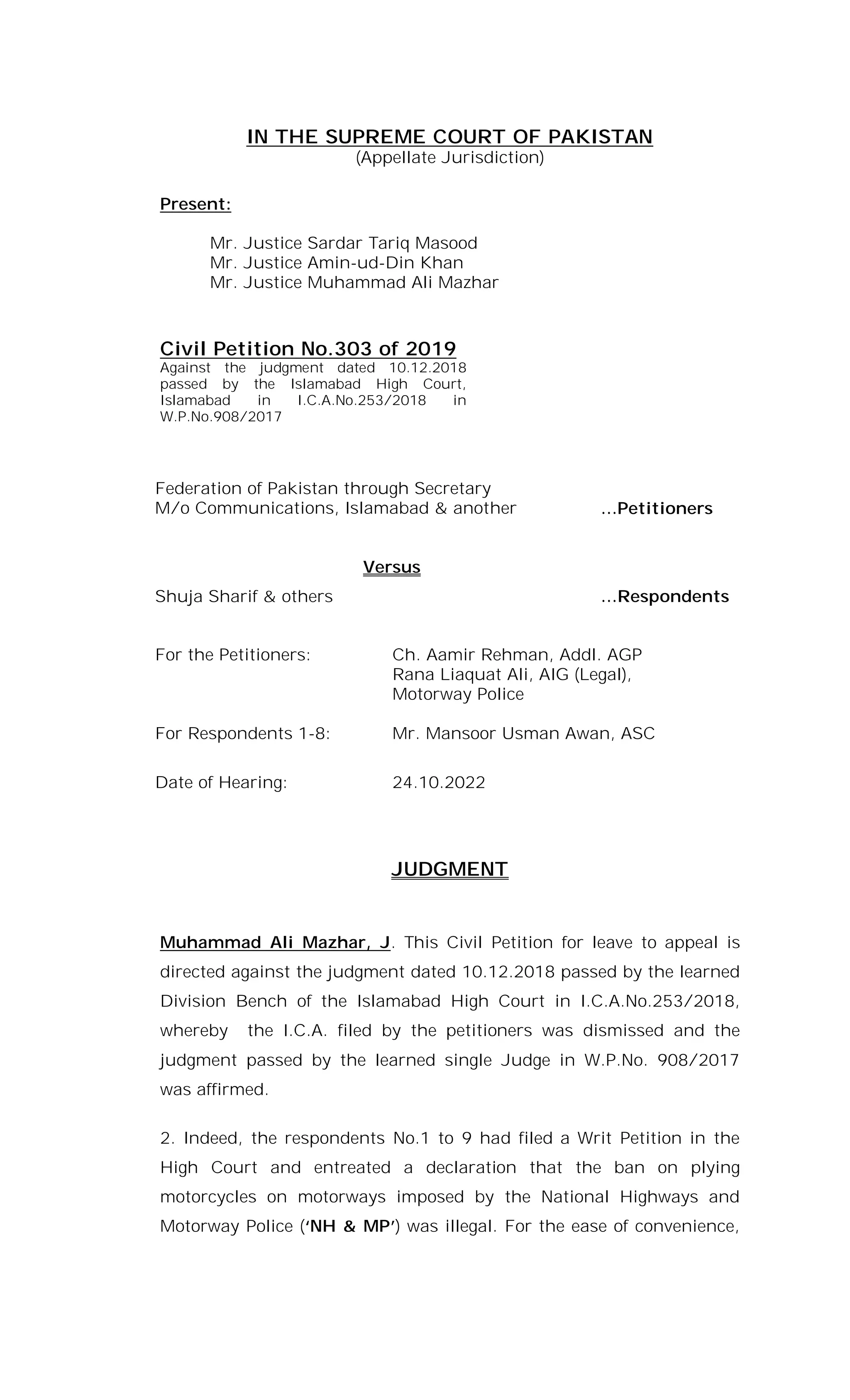 SC issues order banning motorbikes from plying on Pakistan's highways | PDF