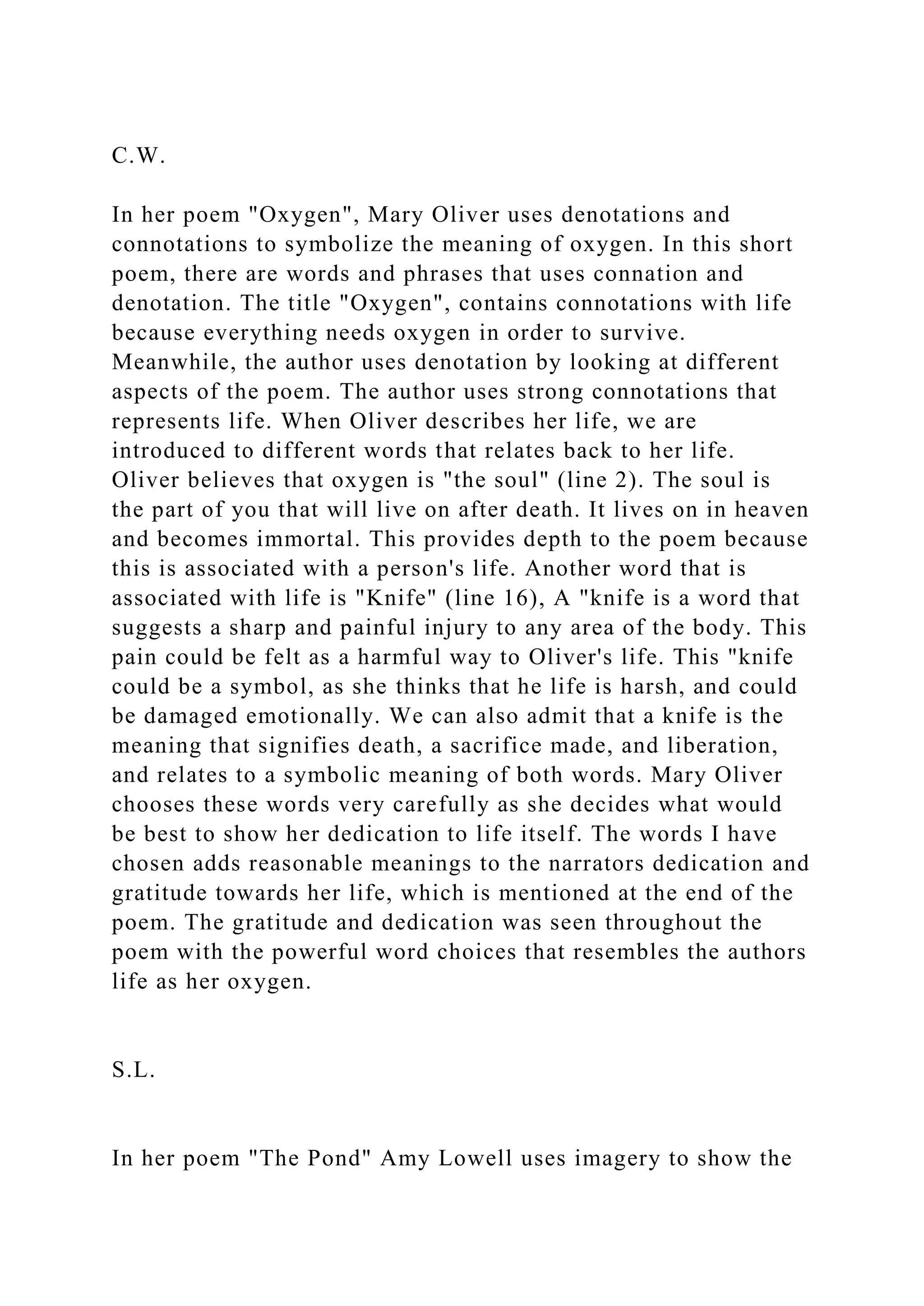 C.W.In her poem Oxygen, Mary Oliver uses denotations and conno.docx