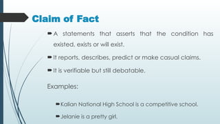 TYPES OF CLAIMS GRADE 11 READING AND WRITING | PPTX