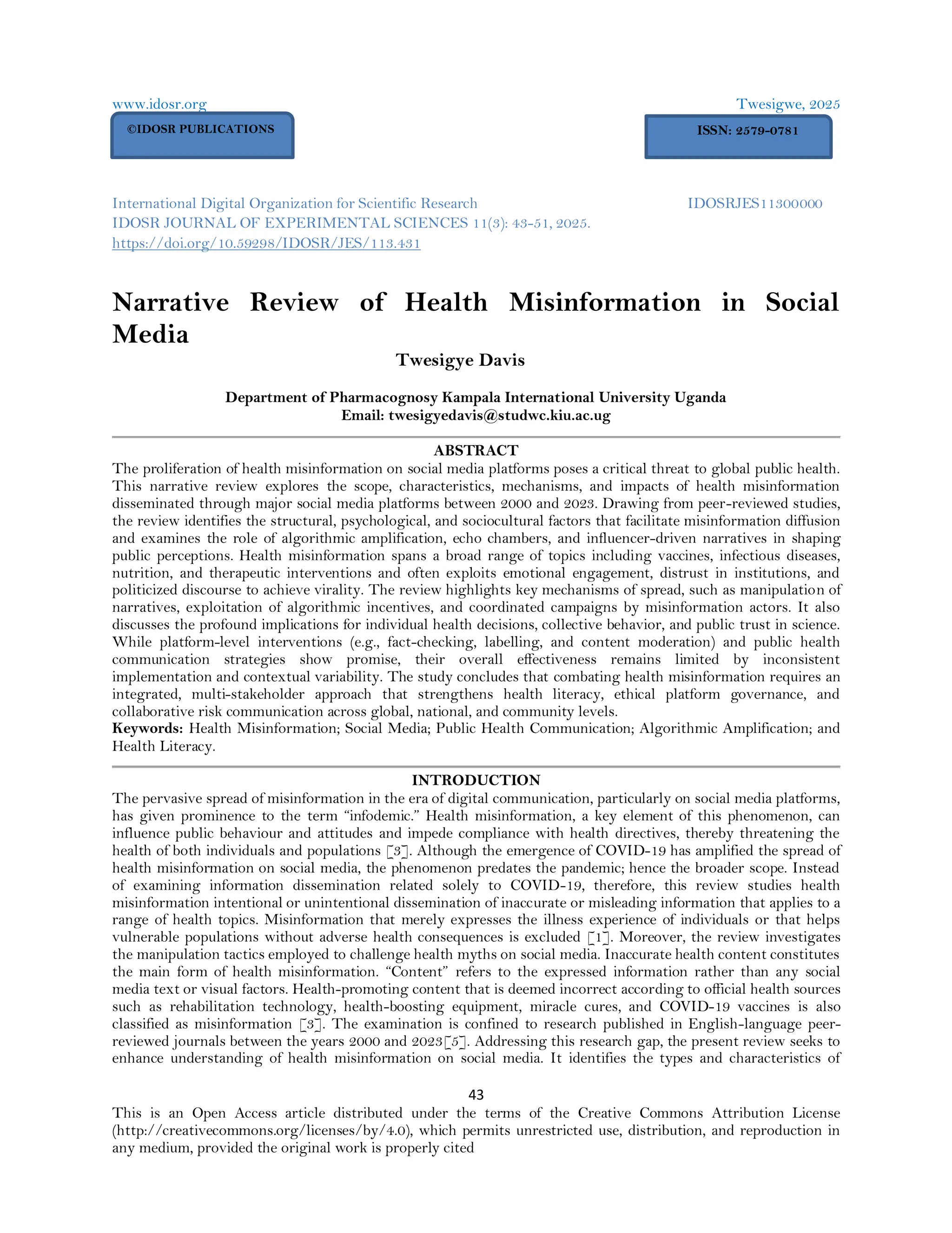 Narrative Review of Health Misinformation in Social Media (www.kiu.ac ...