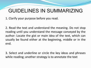 BASICS OF SUMMARIZING | PPTX