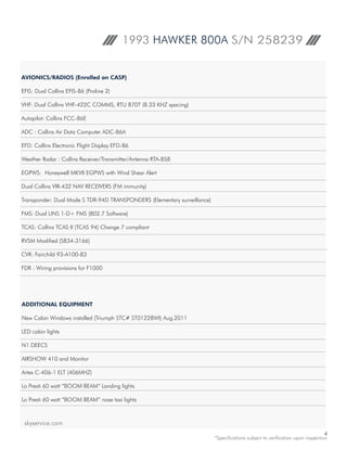 Private Jet For Sale: 1993 Hawker 800A - Skyservice | PDF