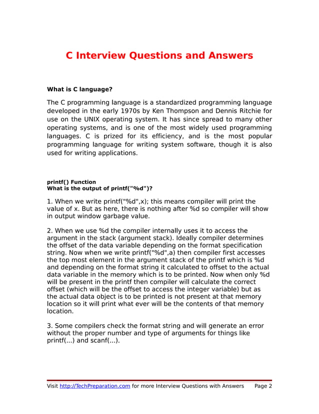 C Interview Questions Techpreparation Pdf
