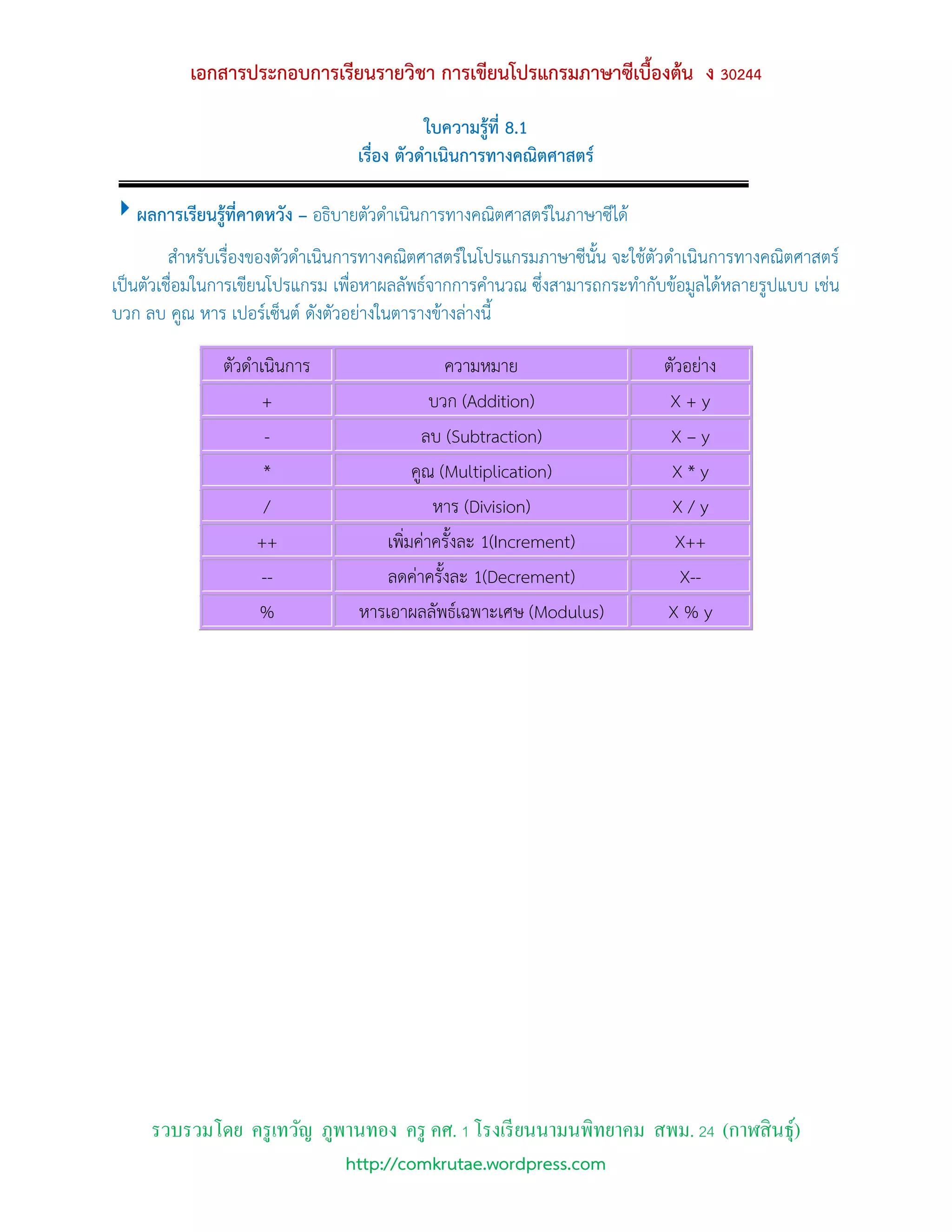 ตัวดำเนินการทางคณิตศาสตร์ Pdf