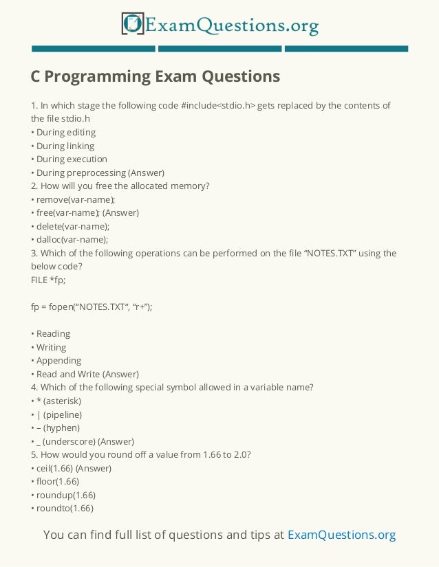 C Programming Exam Questions List c-programming-exam-questions-list