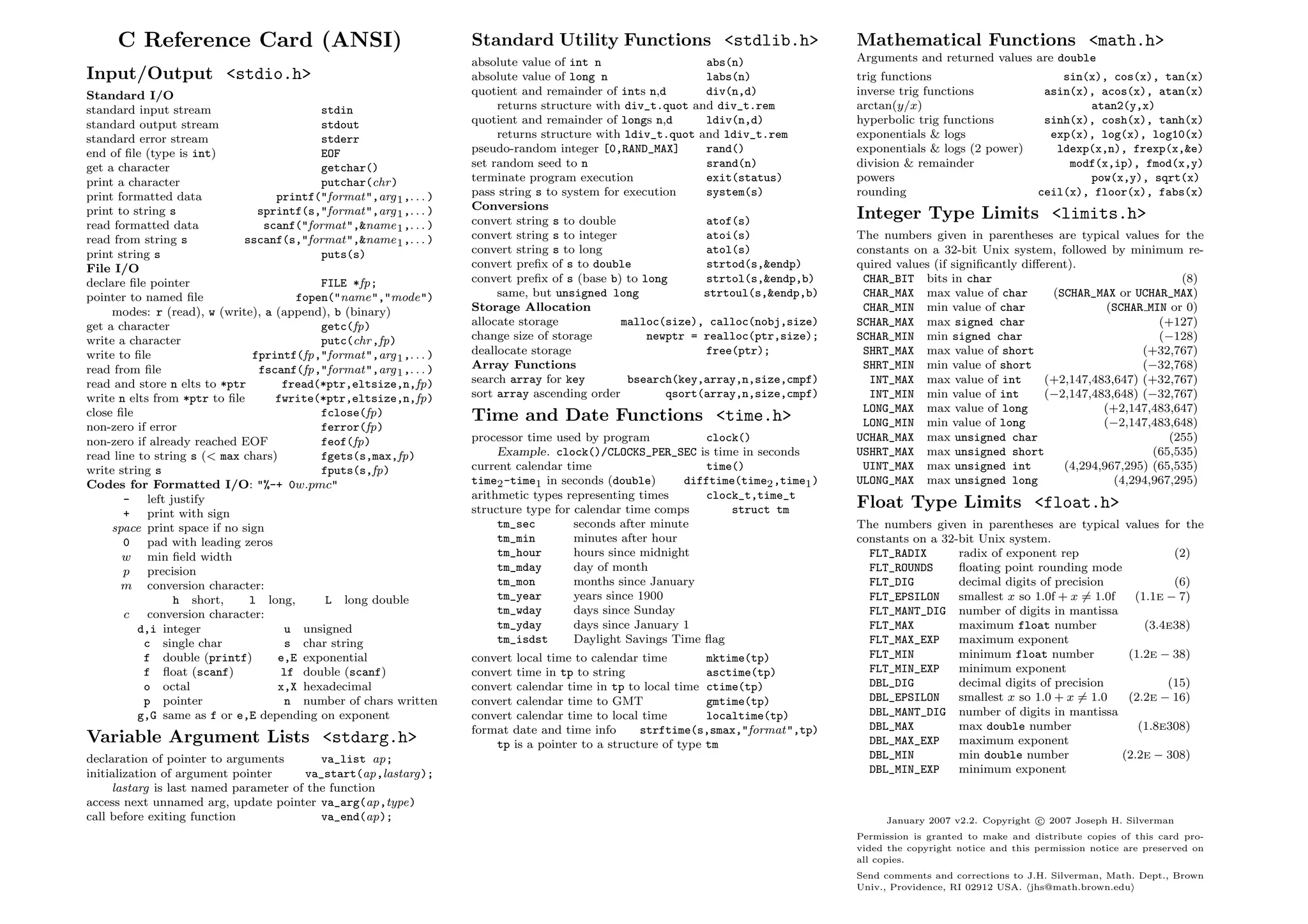 C Reference Card (Ansi) 2 | PDF
