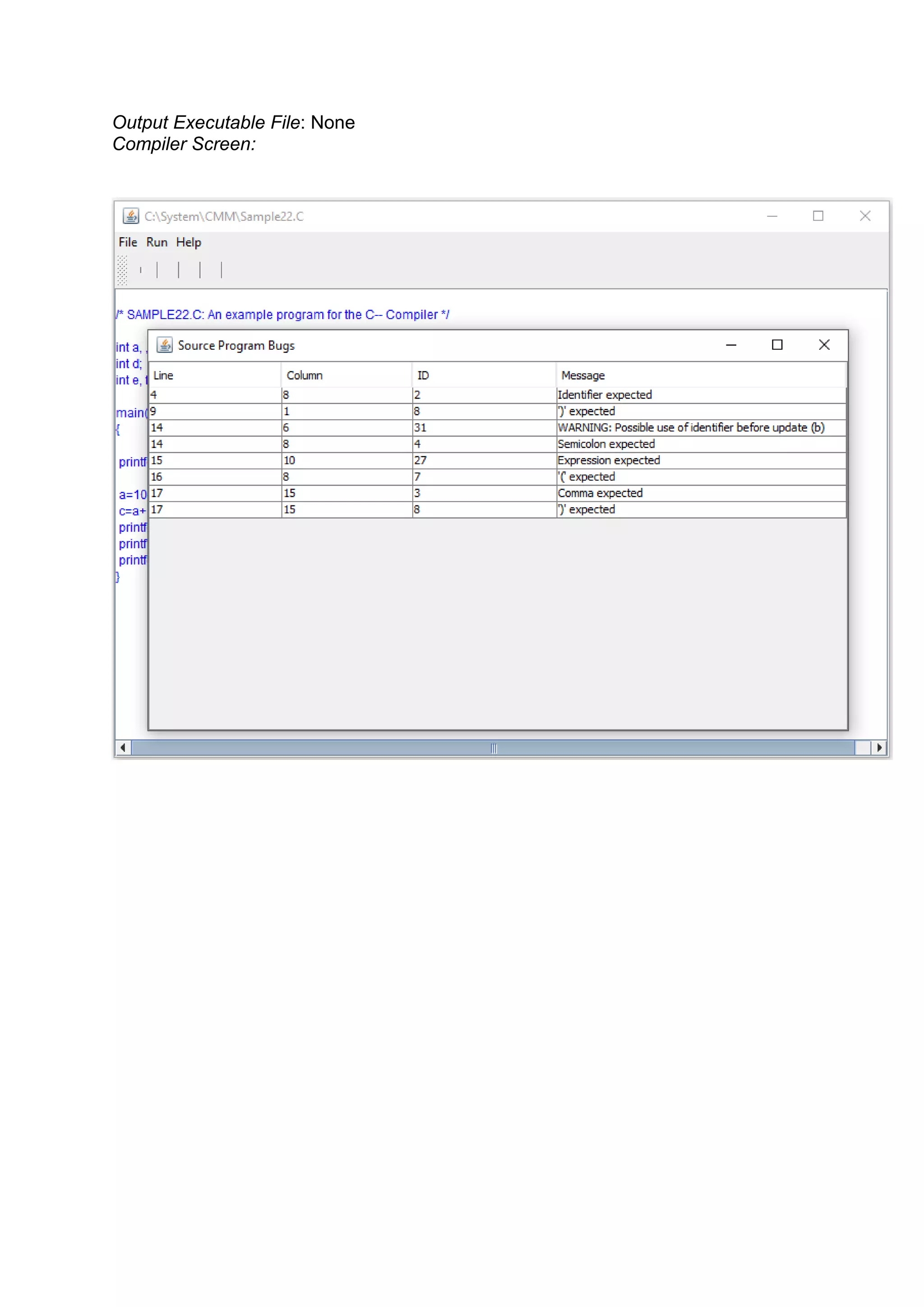 C-- Sample Programs and Screenshots | PDF