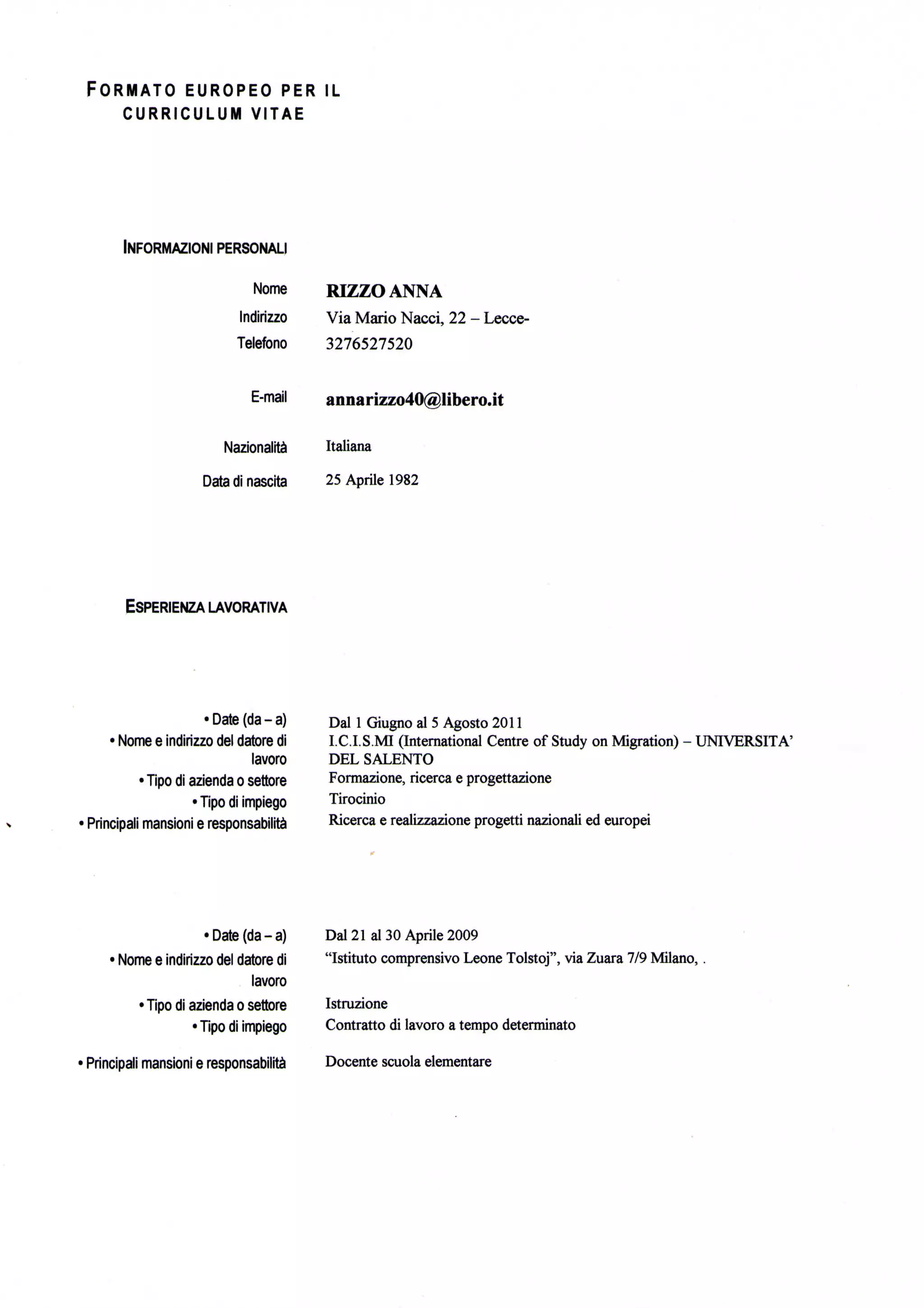 C.v. anna rizzo | PDF