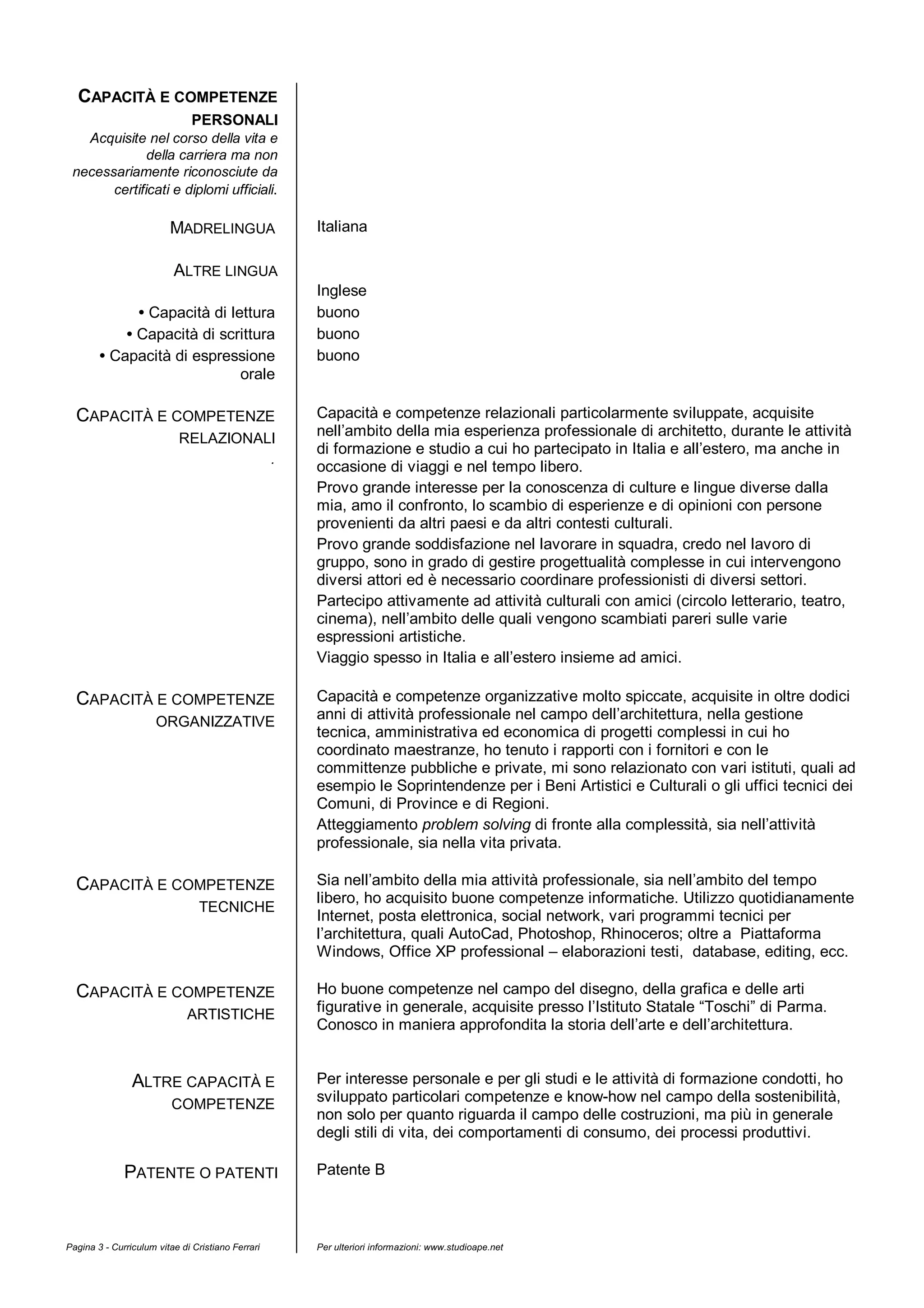 C.v. studio ape - arch. cristiano ferrari 13-06-2012 | PDF