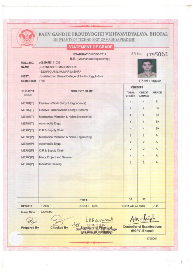 Marksheets 1st to 8th sem | PDF