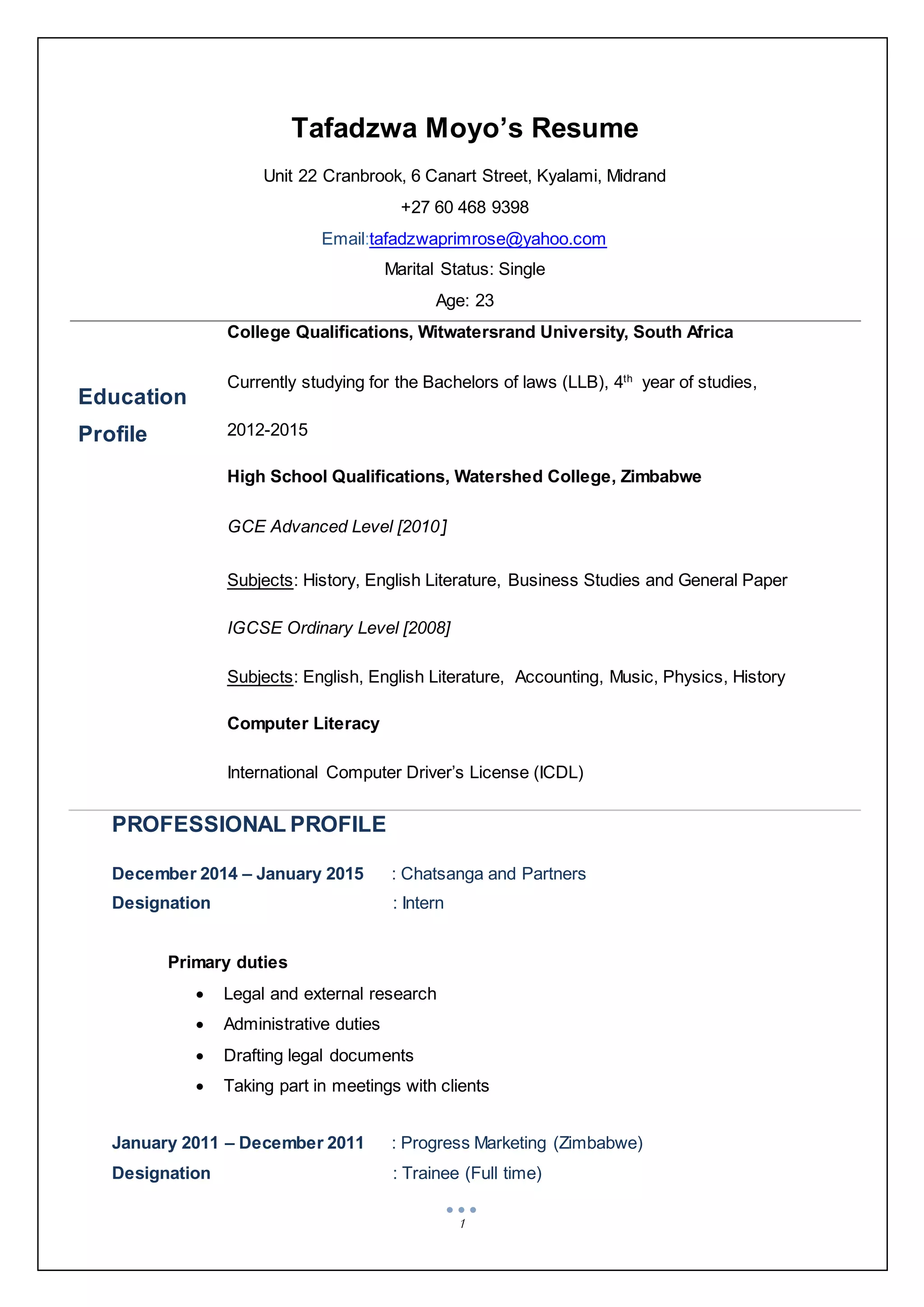 Tafadzwa Moyo CV | DOCX