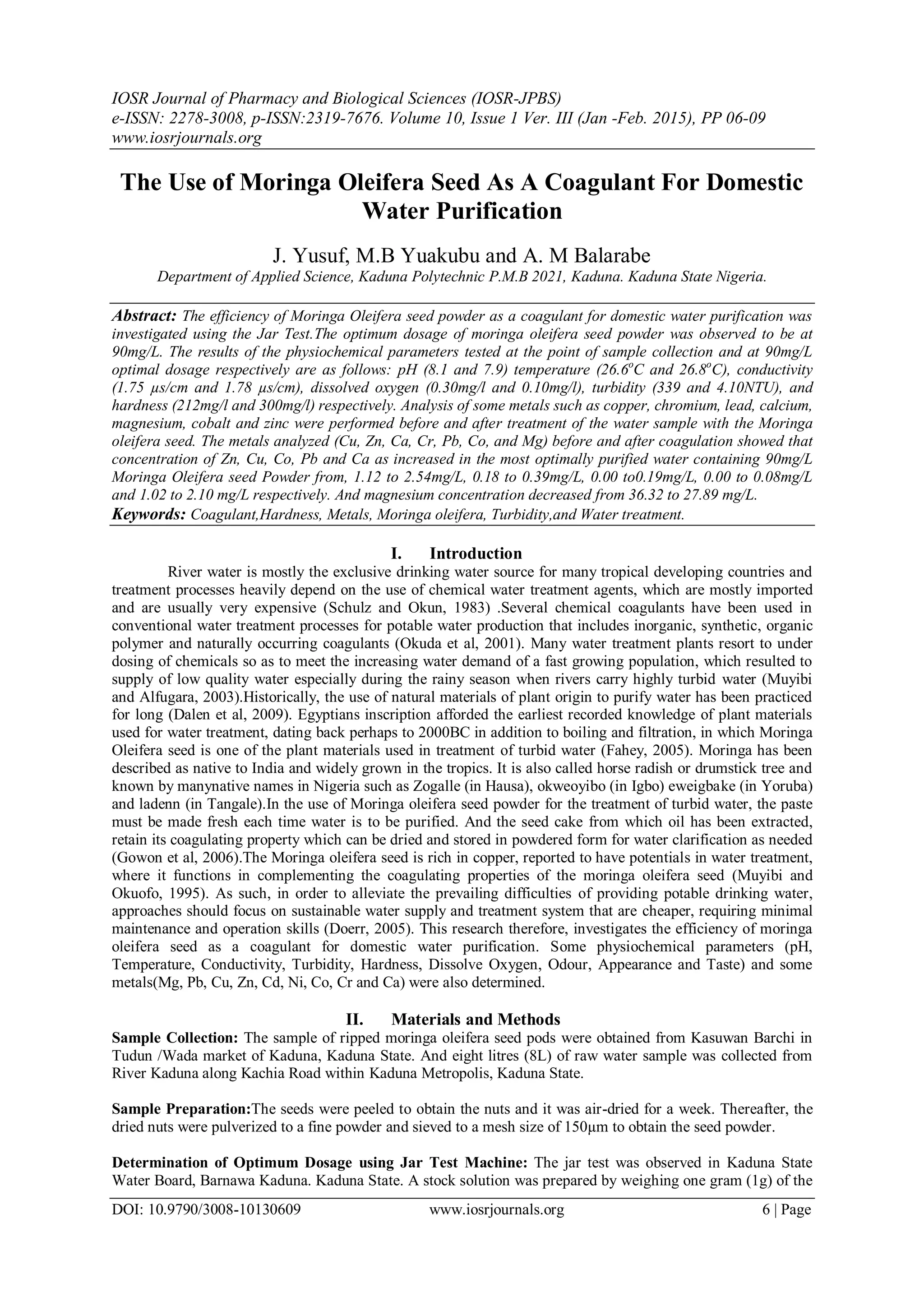 The Use of Moringa Oleifera Seed As A Coagulant For Domestic Water Purification | PDF