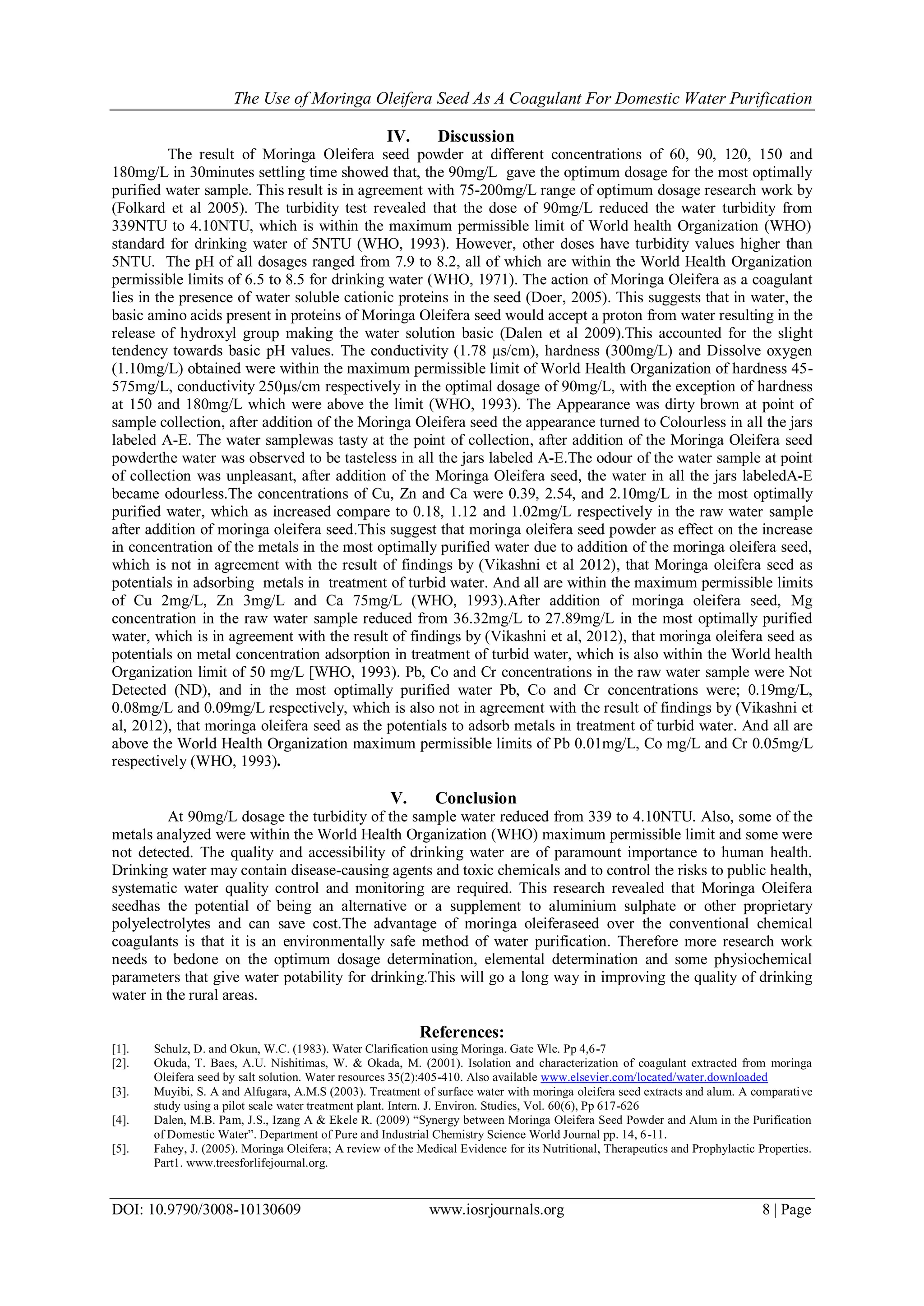 The Use of Moringa Oleifera Seed As A Coagulant For Domestic Water Purification | PDF