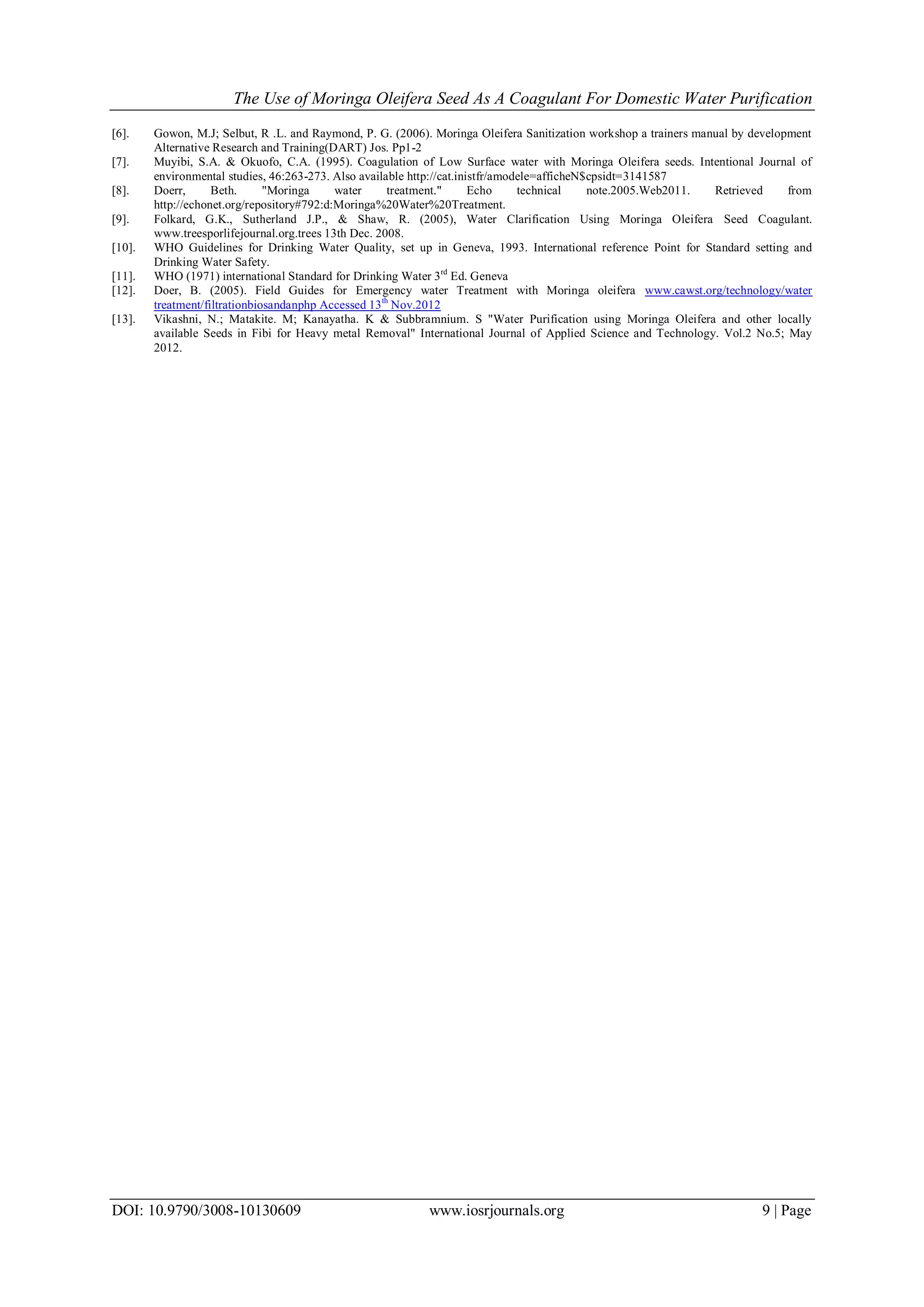 The Use of Moringa Oleifera Seed As A Coagulant For Domestic Water Purification | PDF