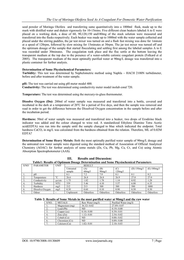 The Use of Moringa Oleifera Seed As A Coagulant For Domestic Water Purification | PDF
