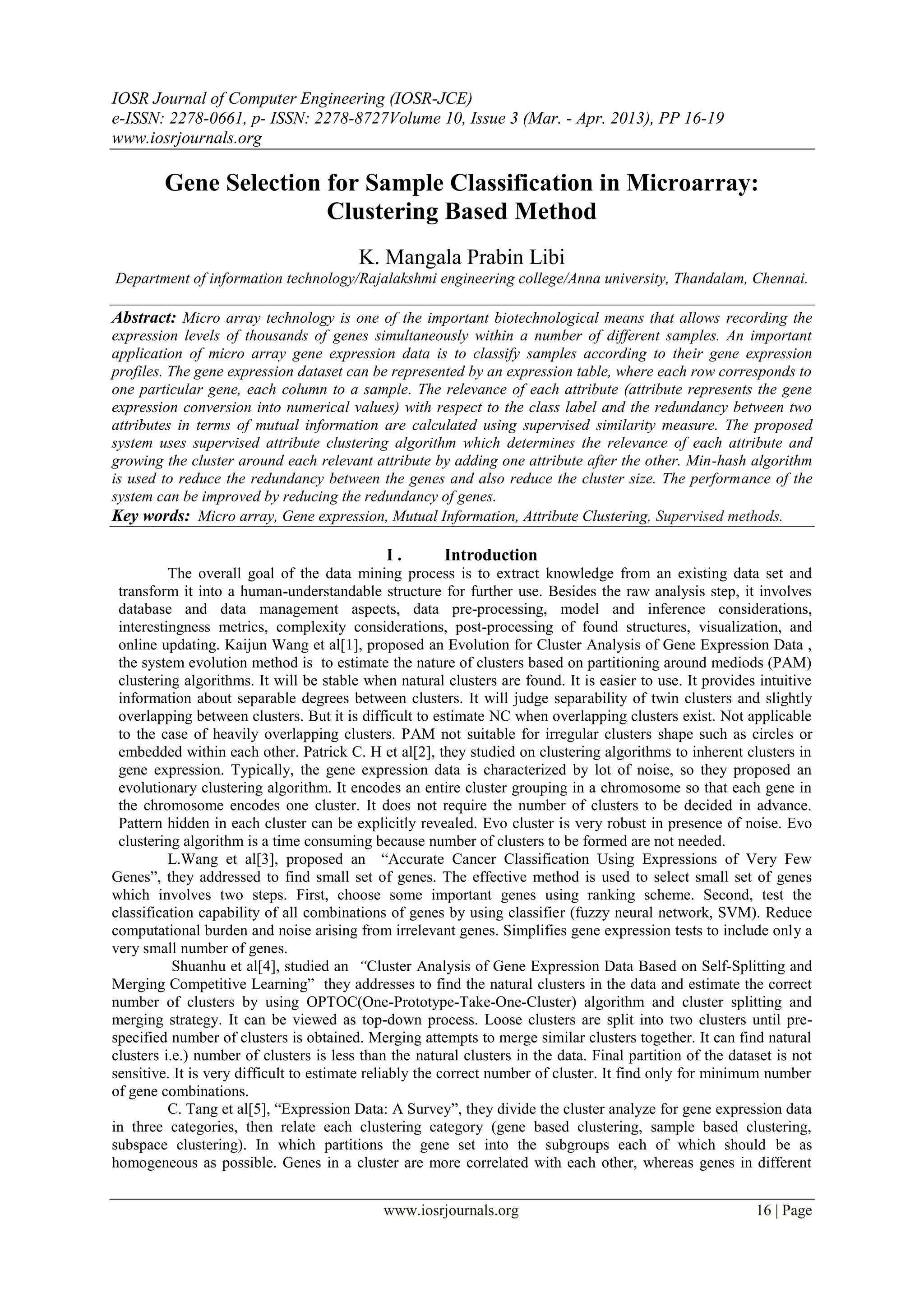Gene Selection for Sample Classification in Microarray: Clustering Based Method | PDF