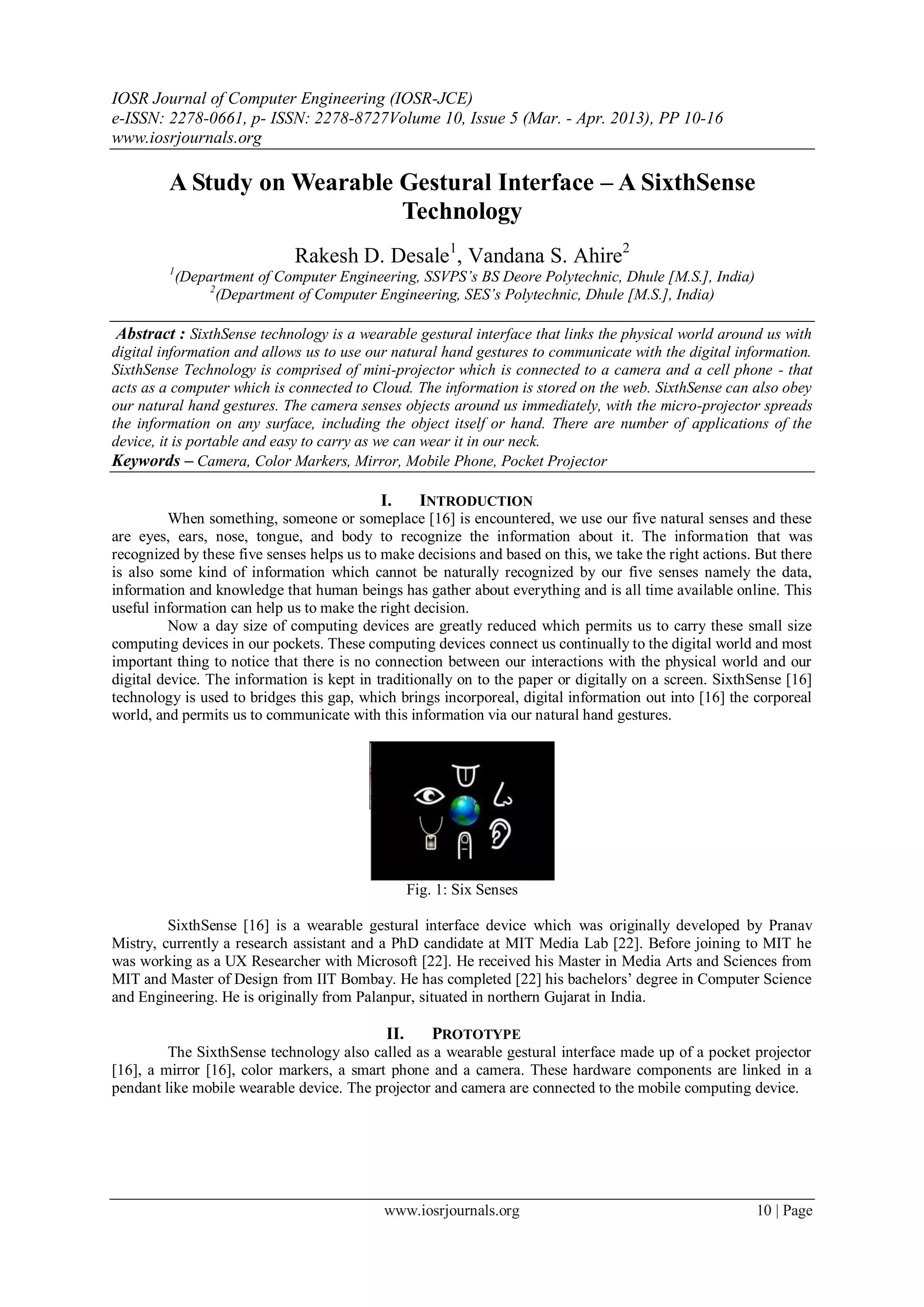 A Study on Wearable Gestural Interface – A SixthSense Technology | PDF