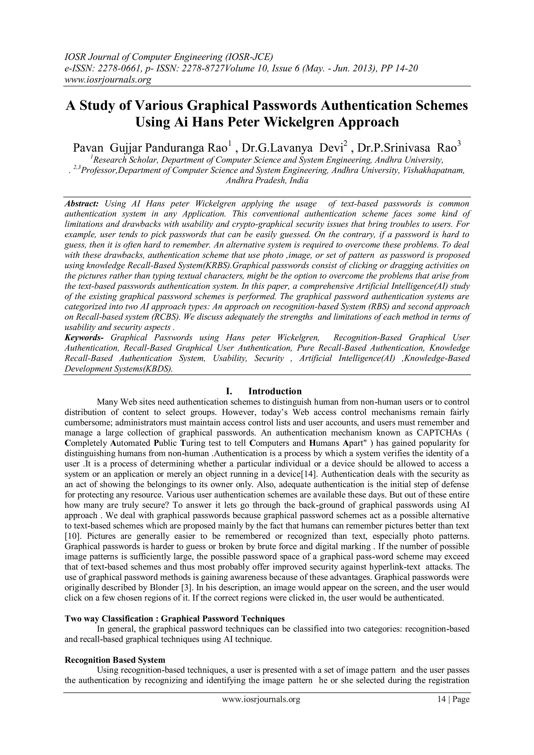 A Study of Various Graphical Passwords Authentication Schemes Using Ai Hans Peter Wickelgren ...