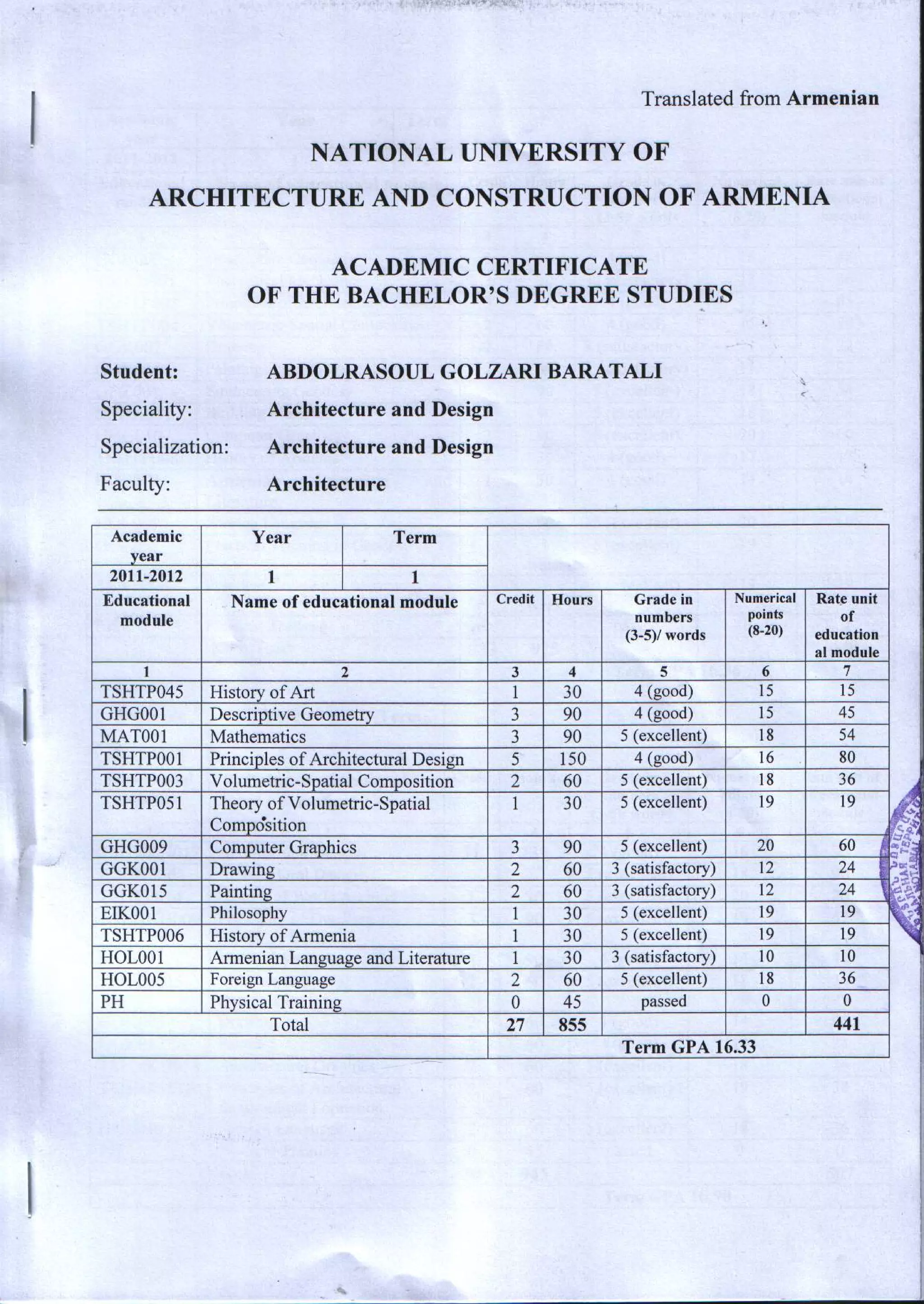 English transcript of Bachelor Diploma including my marks | PDF