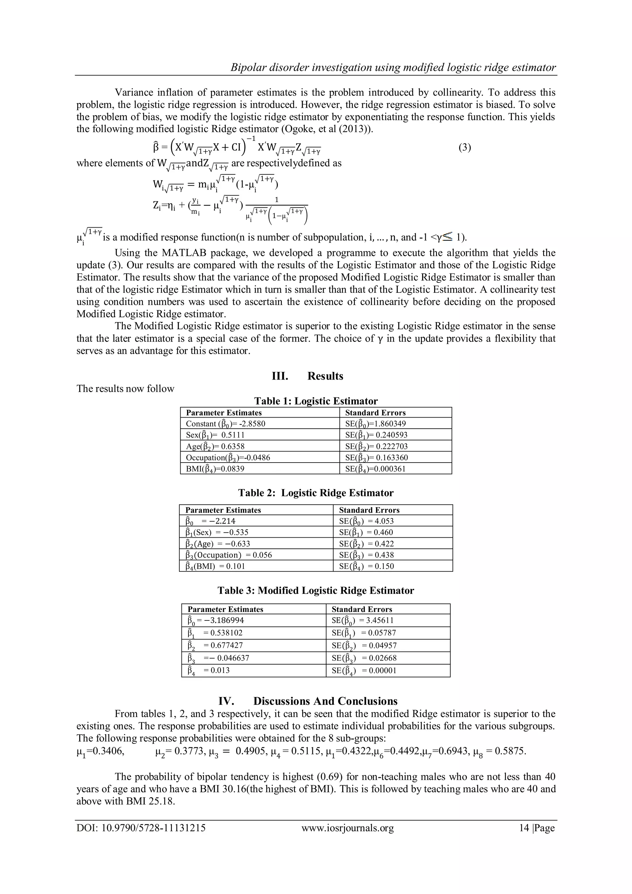 Bipolar Disorder Investigation Using Modified Logistic Ridge Estimator | PDF