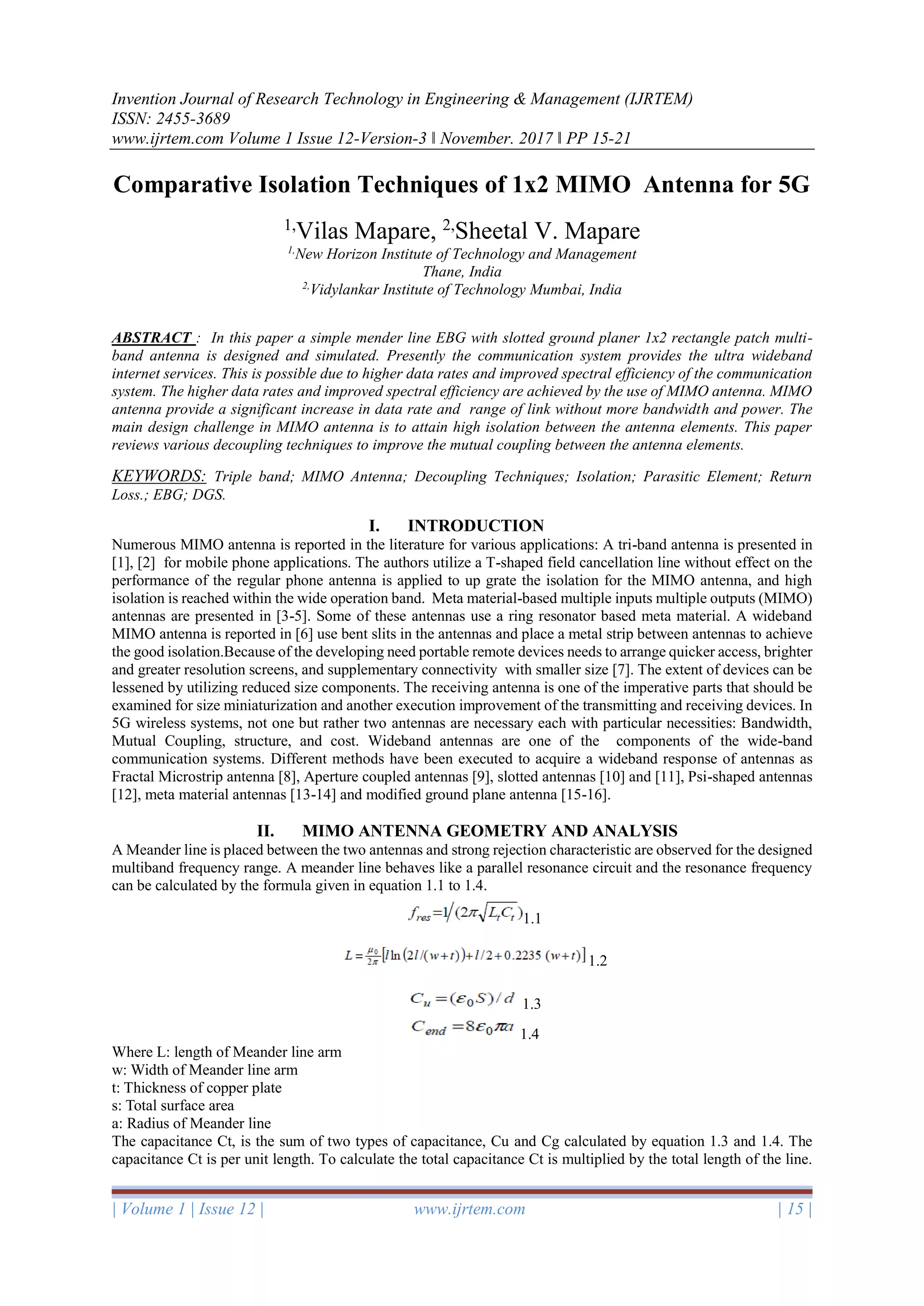 Comparative Isolation Techniques of 1x2 MIMO Antenna for 5G | PDF