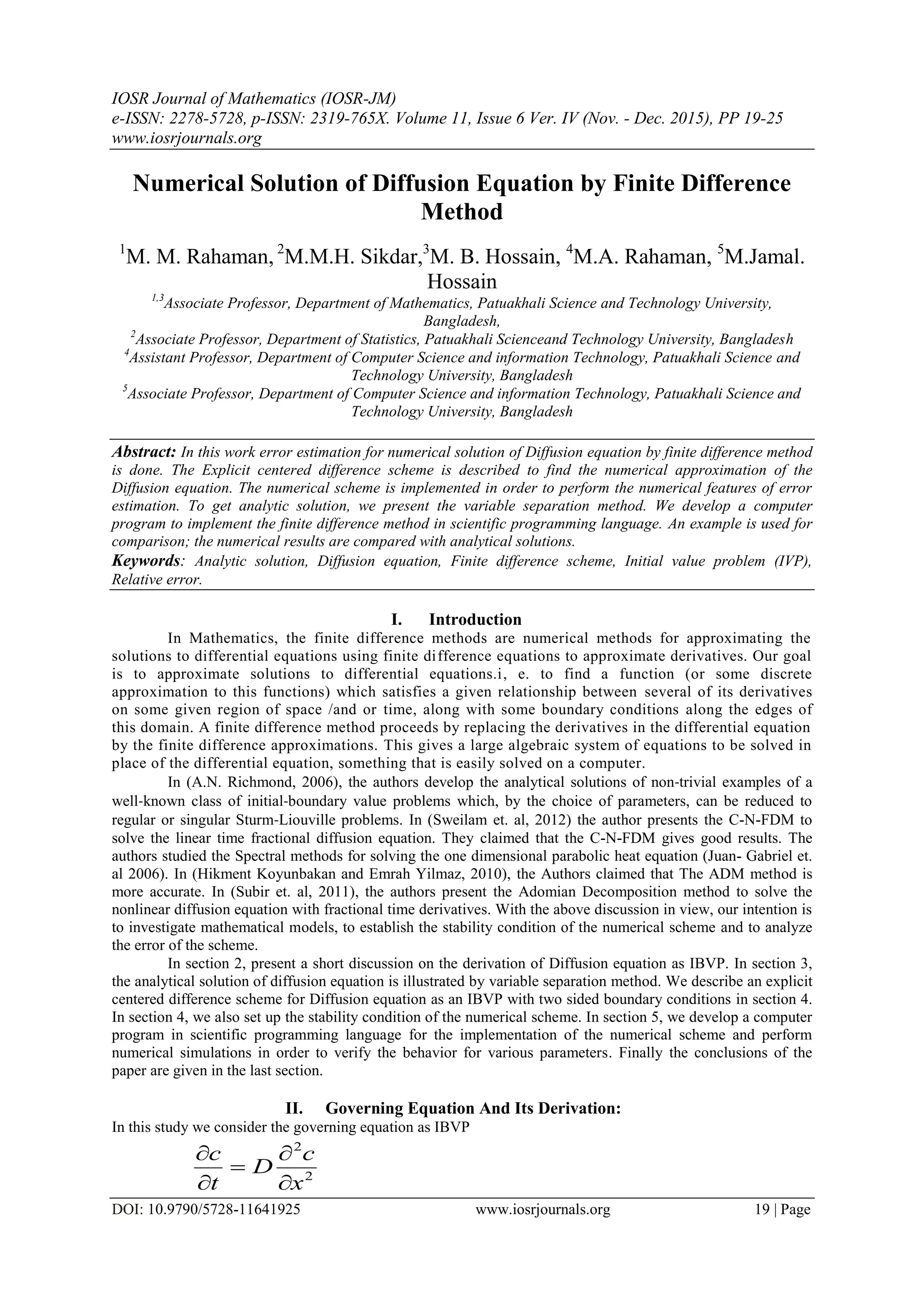 Numerical Solution Of Diffusion Equation By Finite Difference Method Pdf