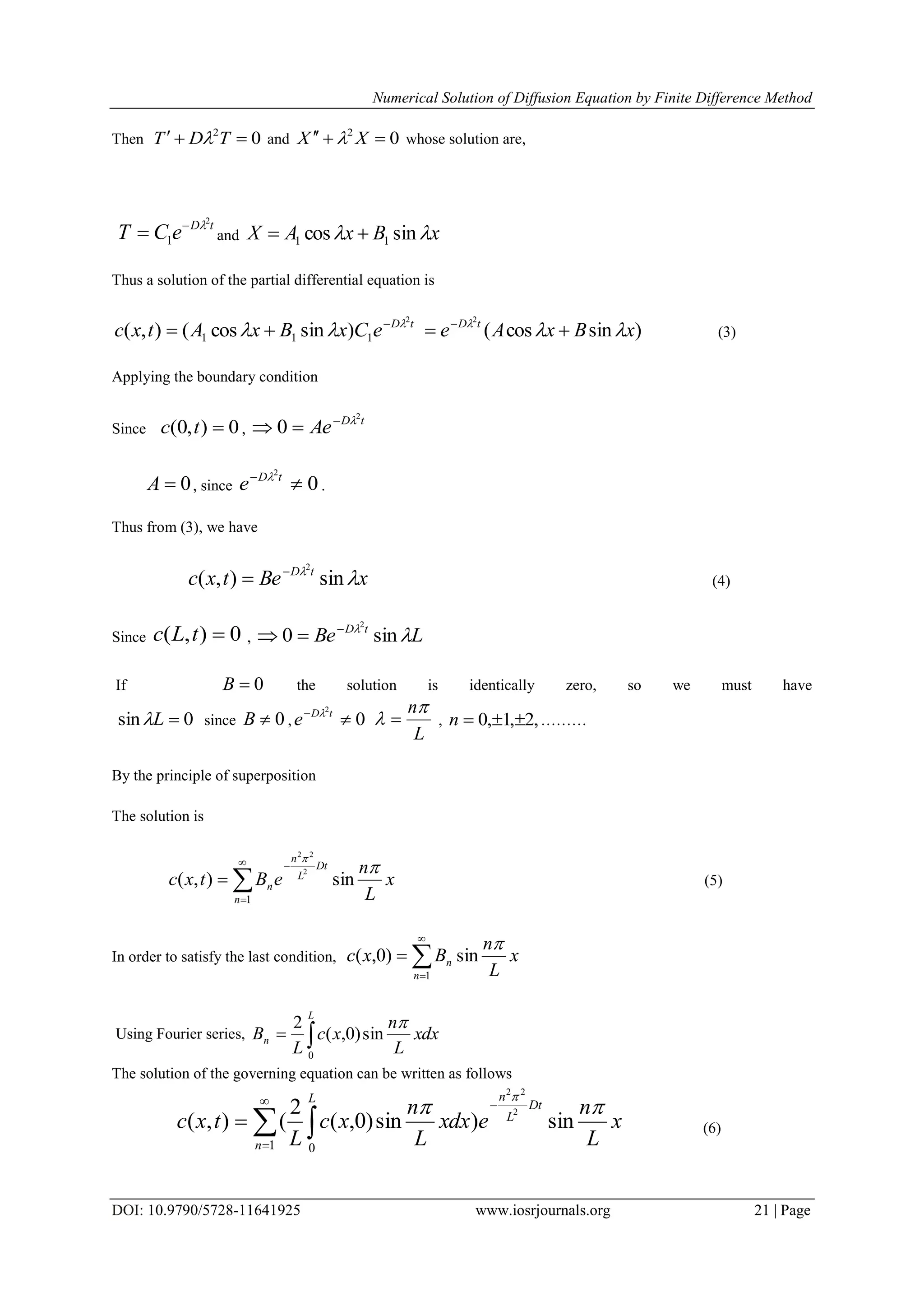 Numerical Solution Of Diffusion Equation By Finite Difference Method Pdf