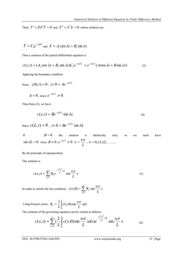 Numerical Solution of Diffusion Equation by Finite Difference Method | PDF