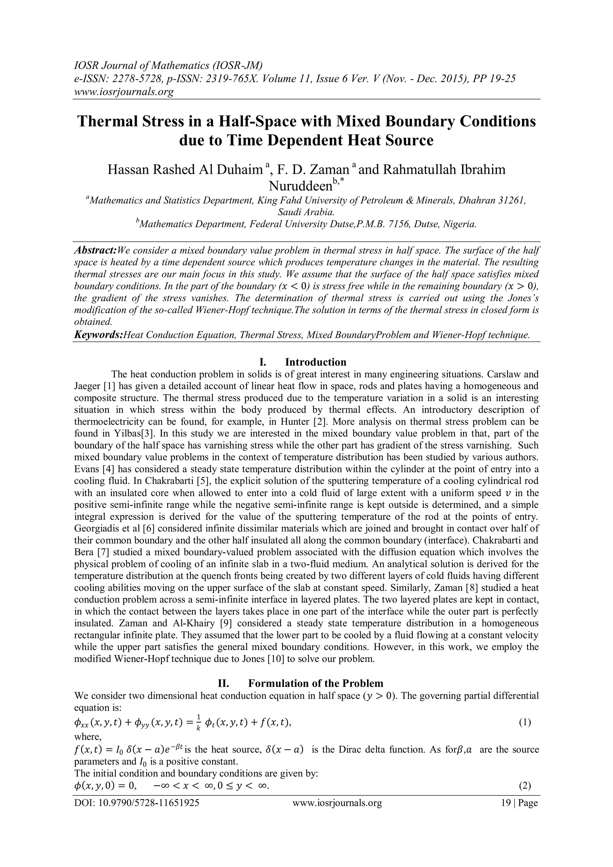 Thermal Stress in a Half-Space with Mixed Boundary Conditions due to ...