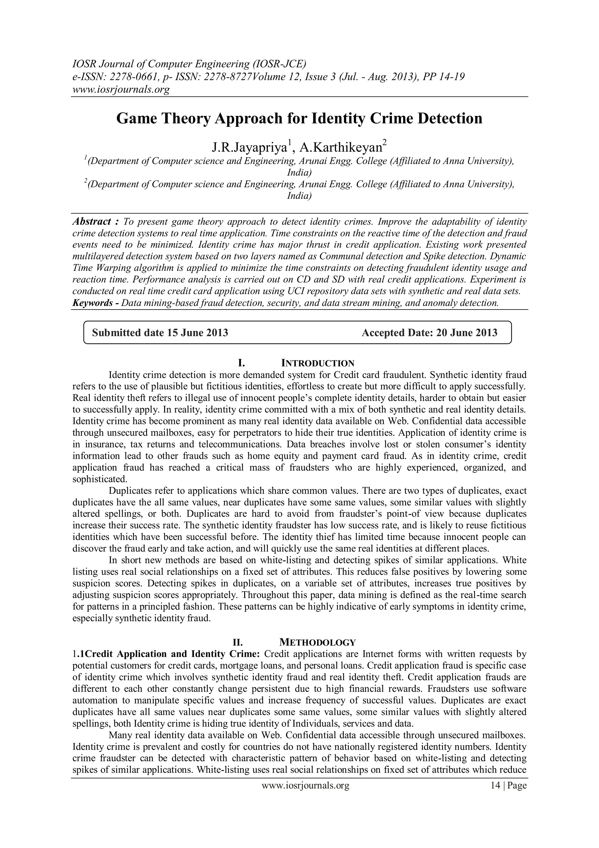 Game Theory Approach for Identity Crime Detection | PDF