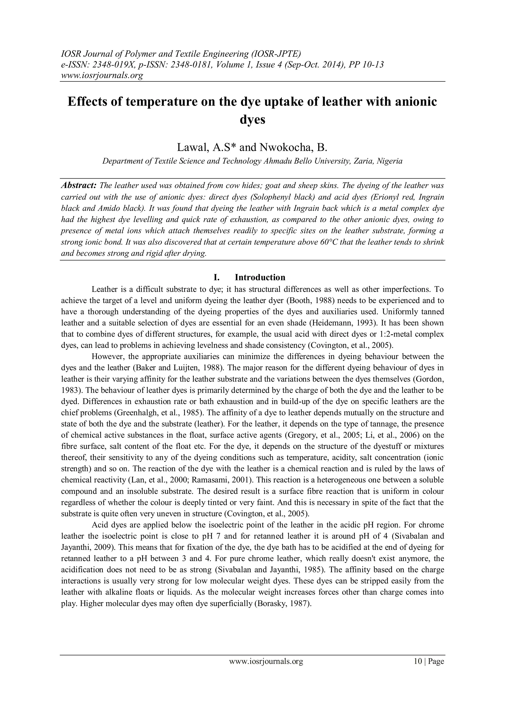 Effects of temperature on the dye uptake of leather with anionic dyes | PDF
