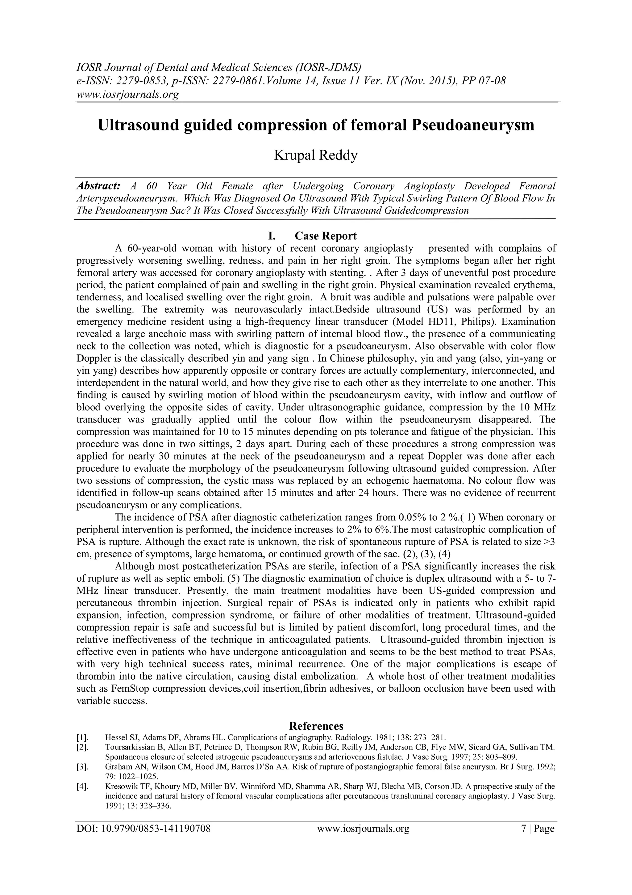 Ultrasound guided compression of femoral Pseudoaneurysm | PDF