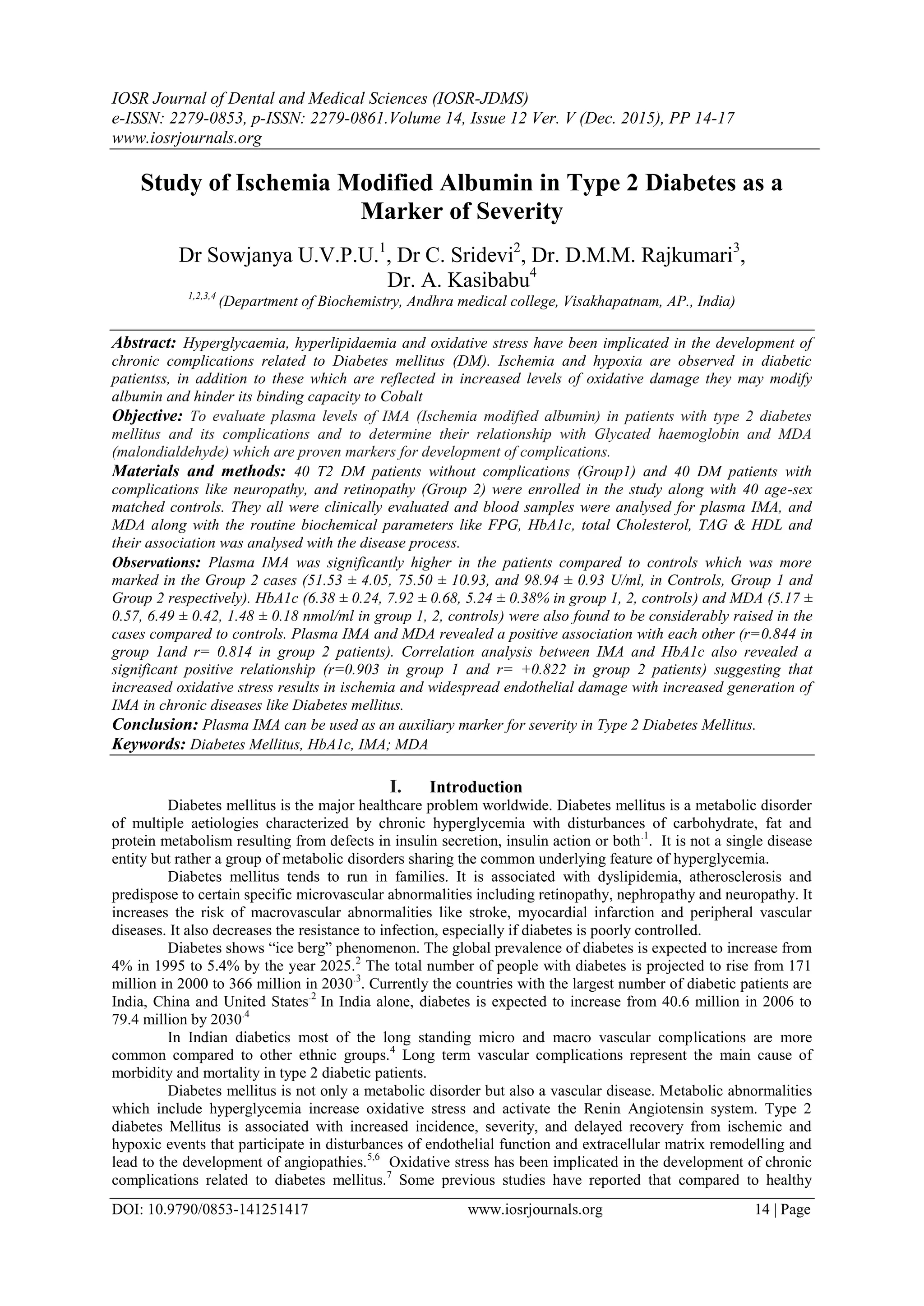 Study of Ischemia Modified Albumin in Type 2 Diabetes as a Marker of ...