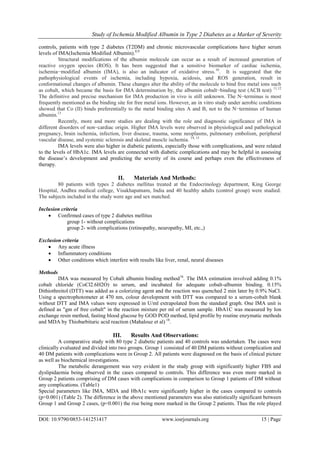 Study of Ischemia Modified Albumin in Type 2 Diabetes as a Marker of ...