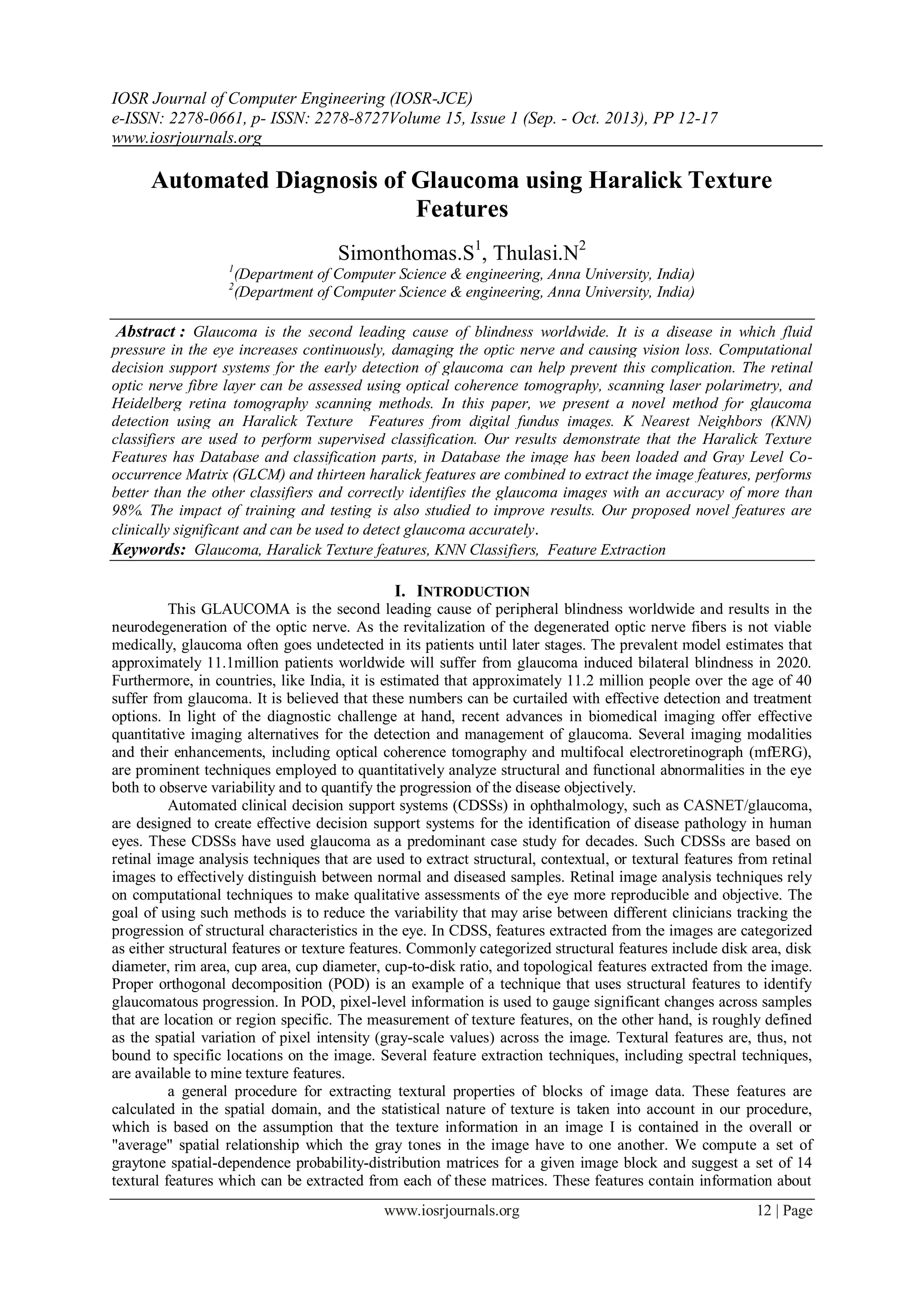 Automated Diagnosis of Glaucoma using Haralick Texture Features | PDF
