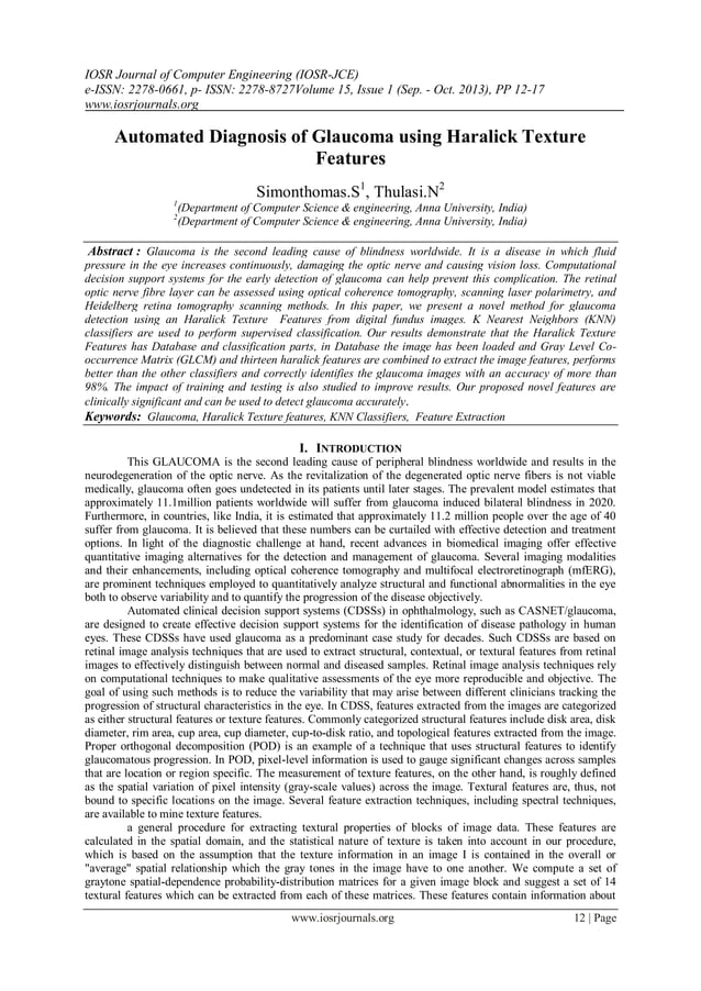 Automated Diagnosis of Glaucoma using Haralick Texture Features | PDF